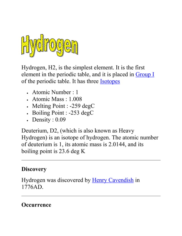 Hydrogen | DOCX | Chemistry | Science