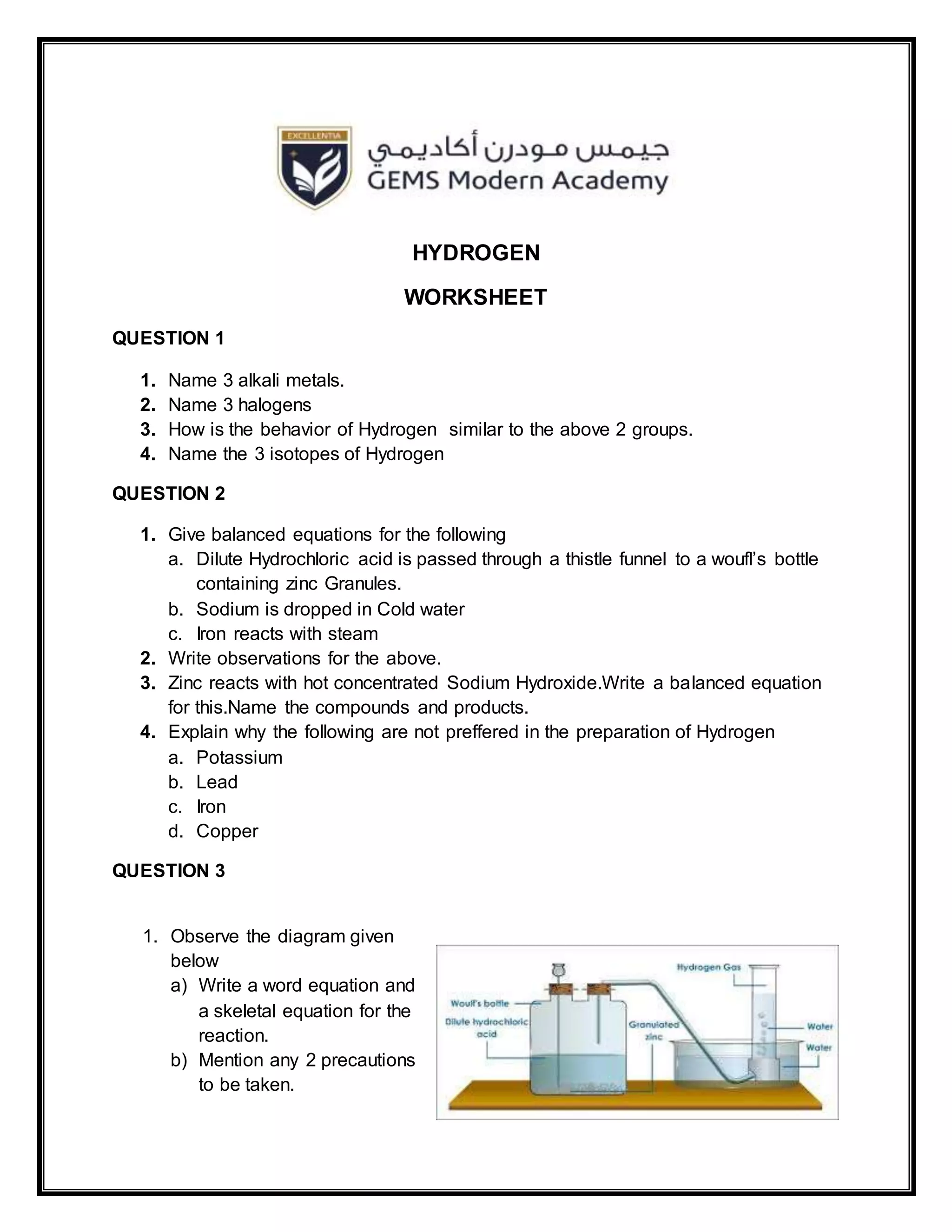worksheet on hydrogen great for students of 8 and 9 and 10th grade | DOCX