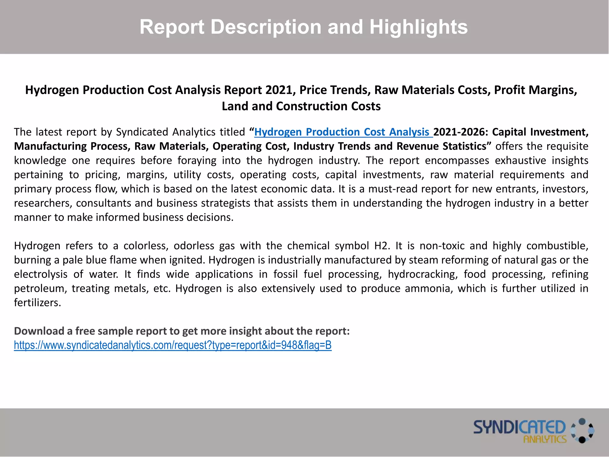 Hydrogen Production Plant Cost Analysis 2021-2026 | Syndicated Analytics | PPT