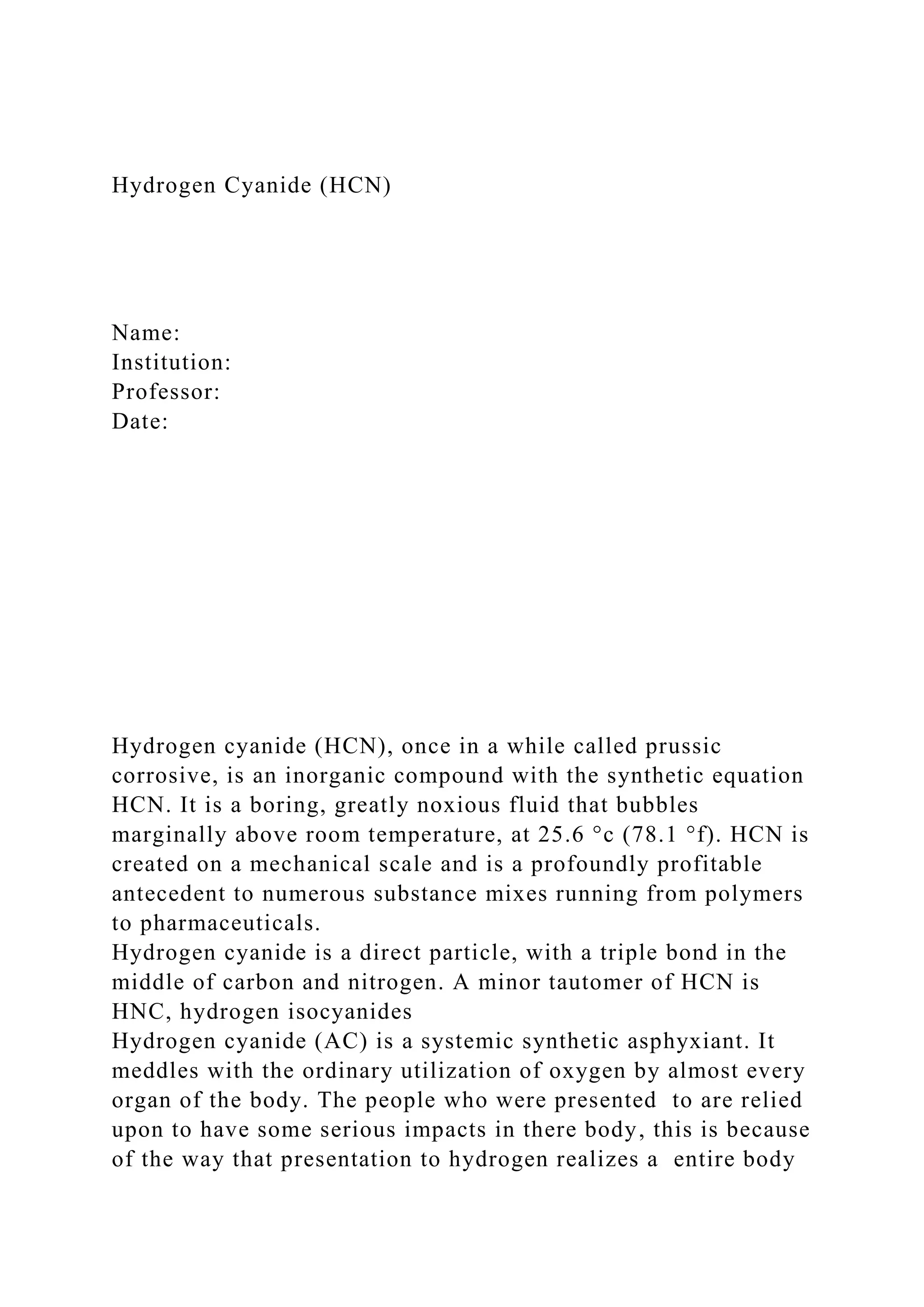 Hydrogen Cyanide (HCN)NameInstitutionProfessorD.docx