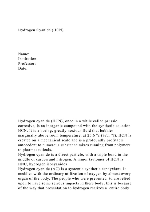 Hydrogen Cyanide (HCN)NameInstitutionProfessorD.docx