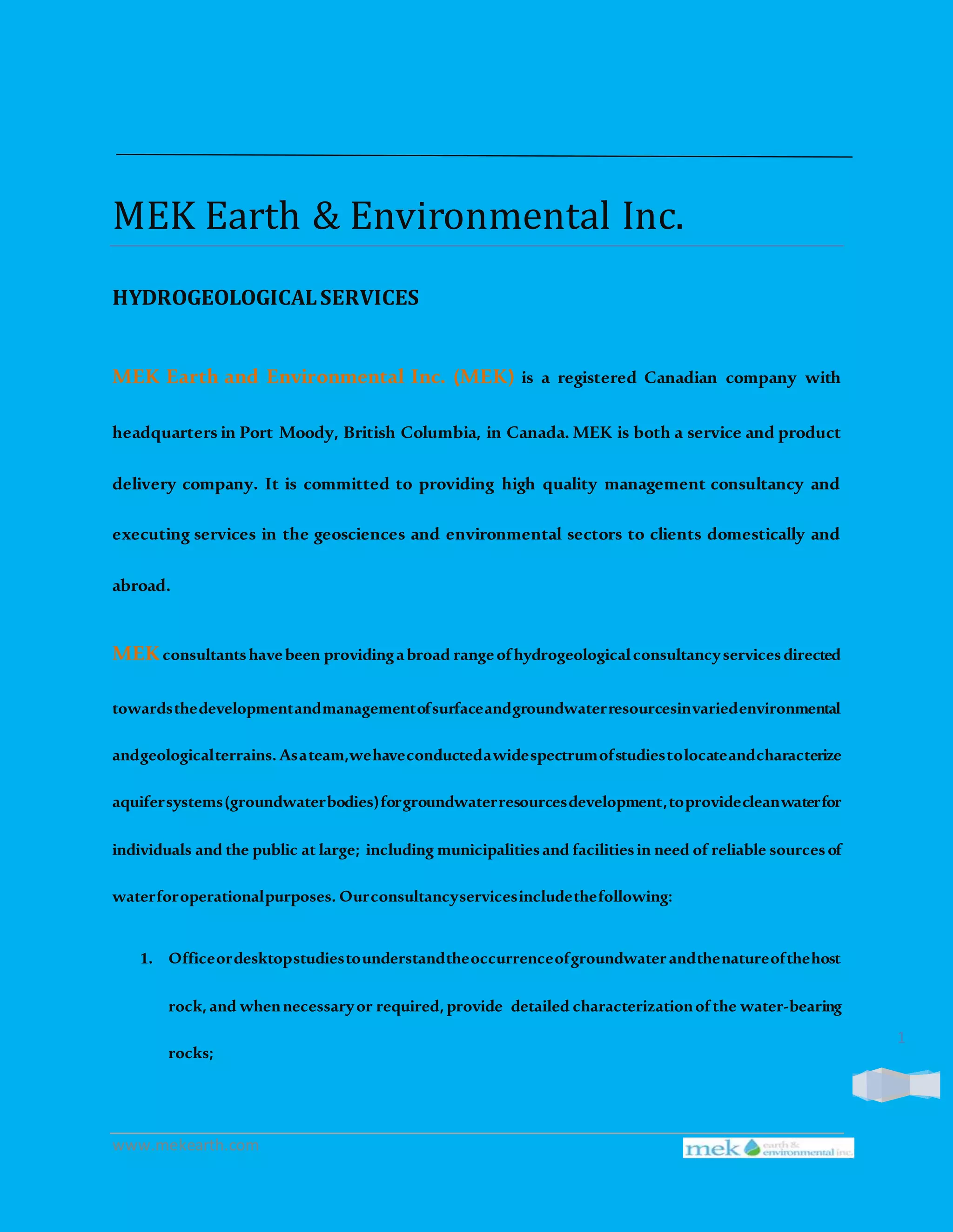 Hydrogeological Services - capabilities of mek earth and environmental ...