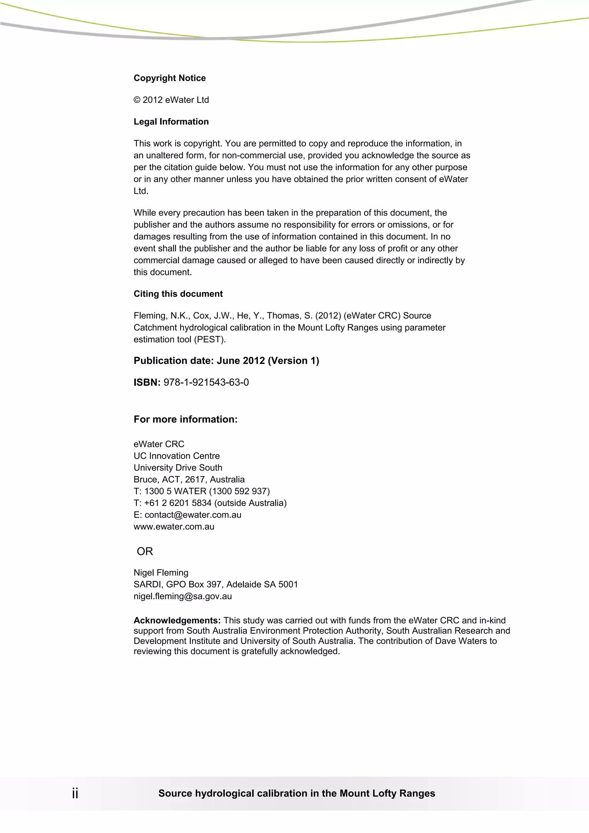 Hydrological Calibration in the Mount Lofty Ranges using Source ...