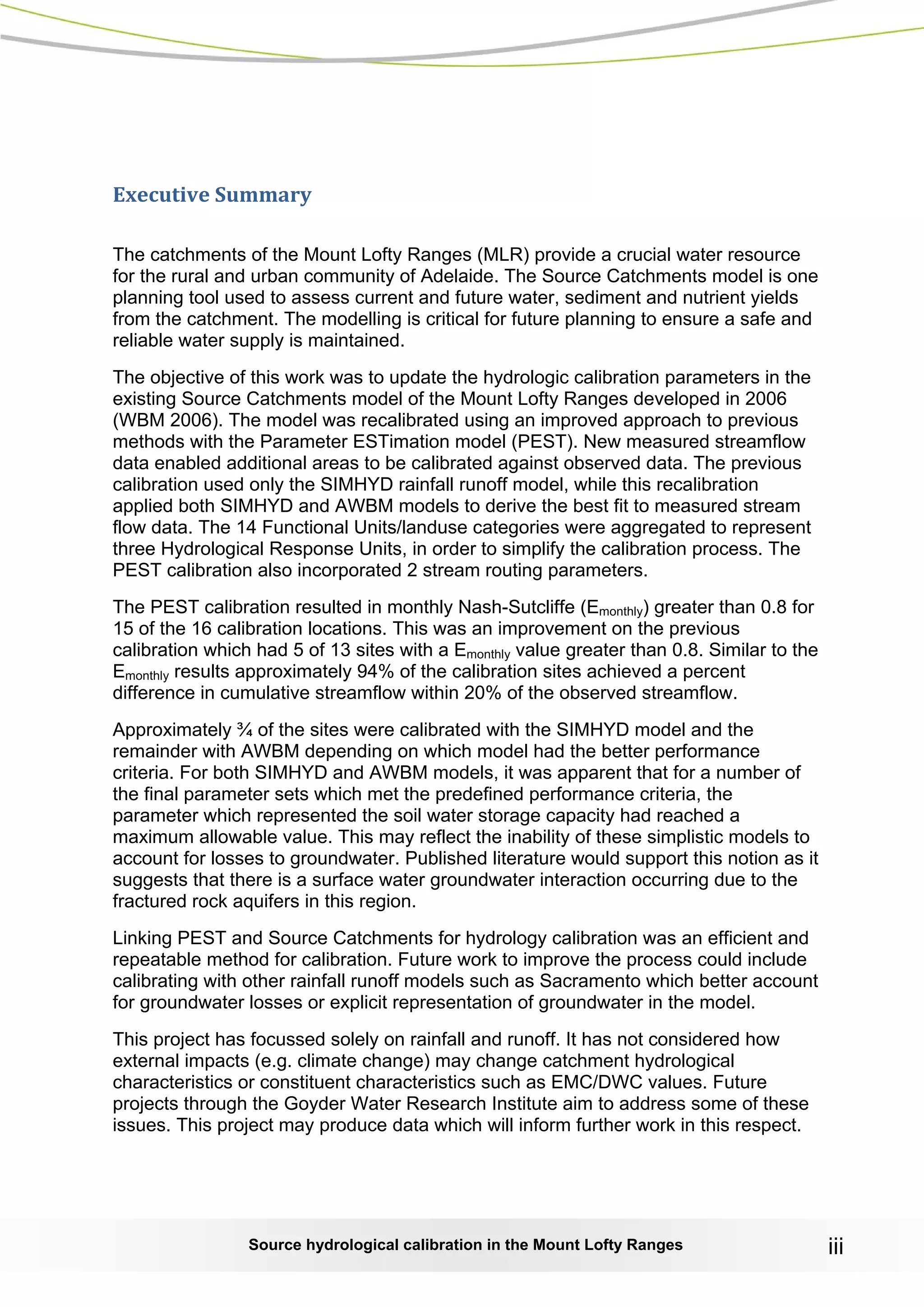 Hydrological Calibration in the Mount Lofty Ranges using Source ...
