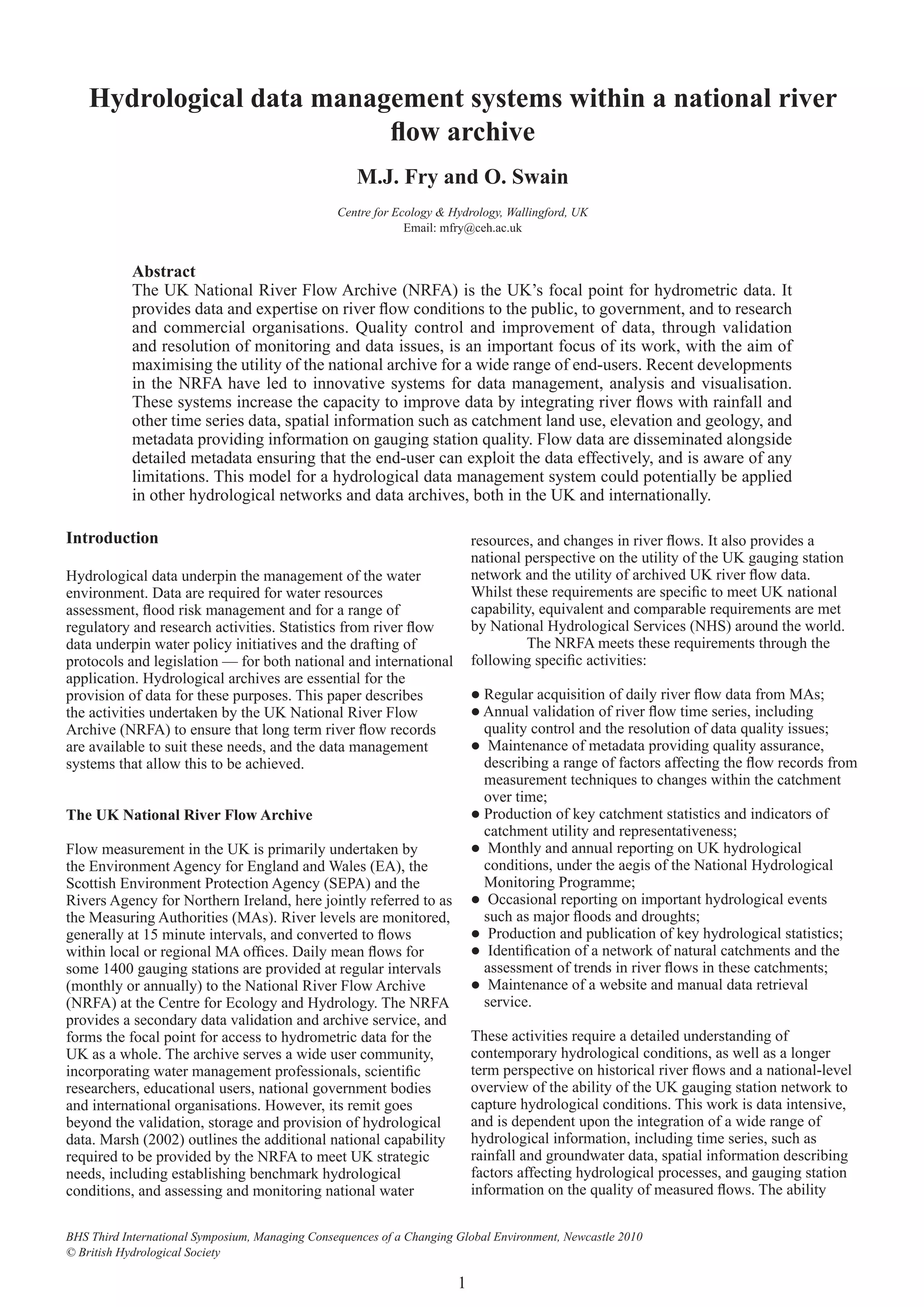Hydrological data management systems within a national river flow ...