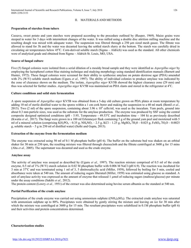 Hydrolytic activity of amylase produced in solid state fermentation by a local isolate of ...