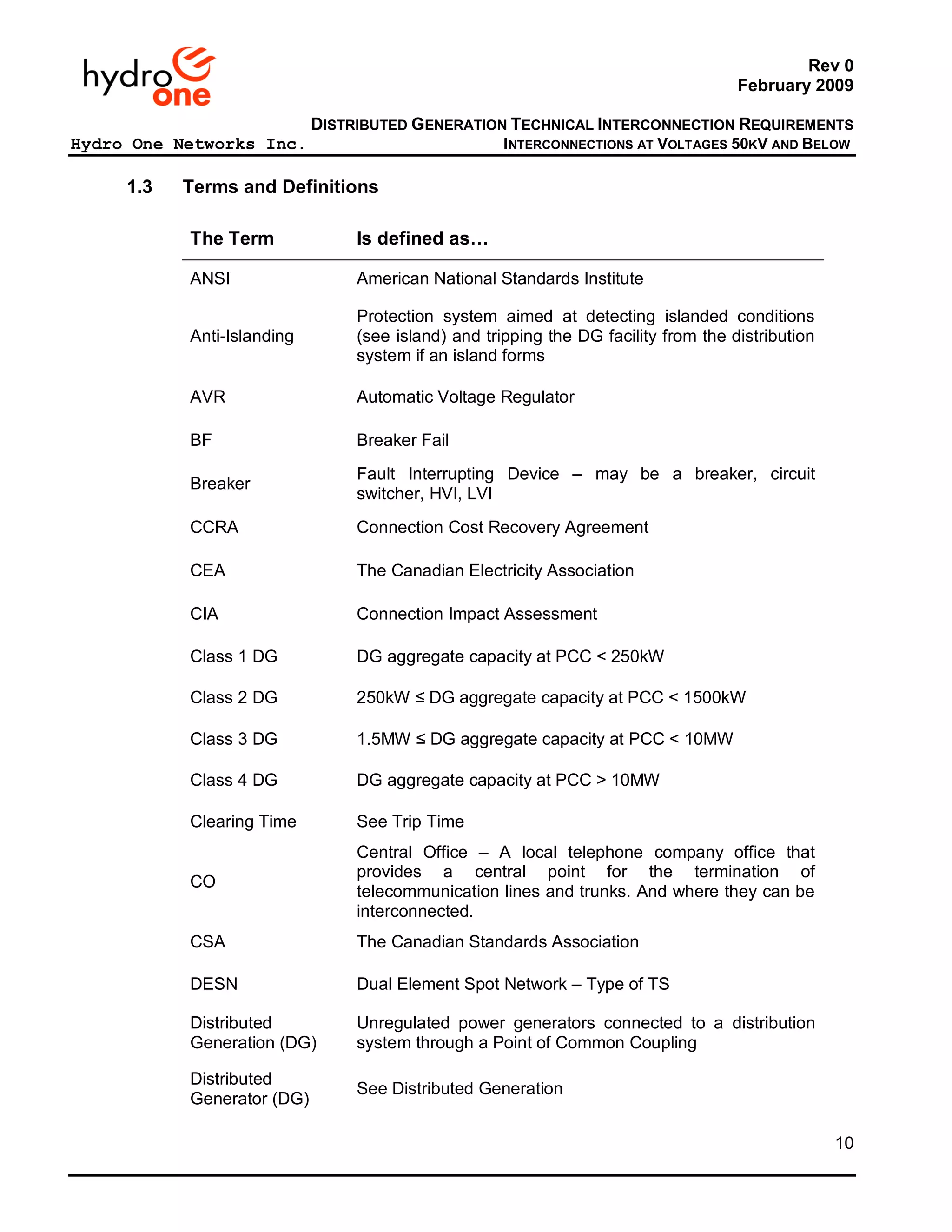 Hydro One Dg Technical Interconnection Requirements Distribution ...