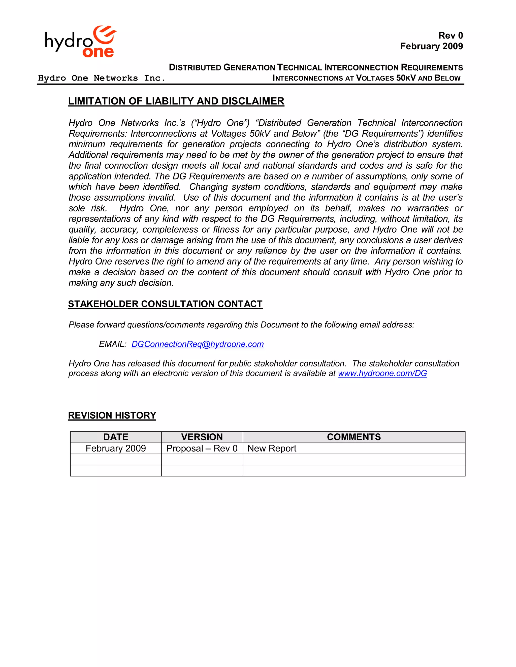 Hydro One Dg Technical Interconnection Requirements Distribution ...