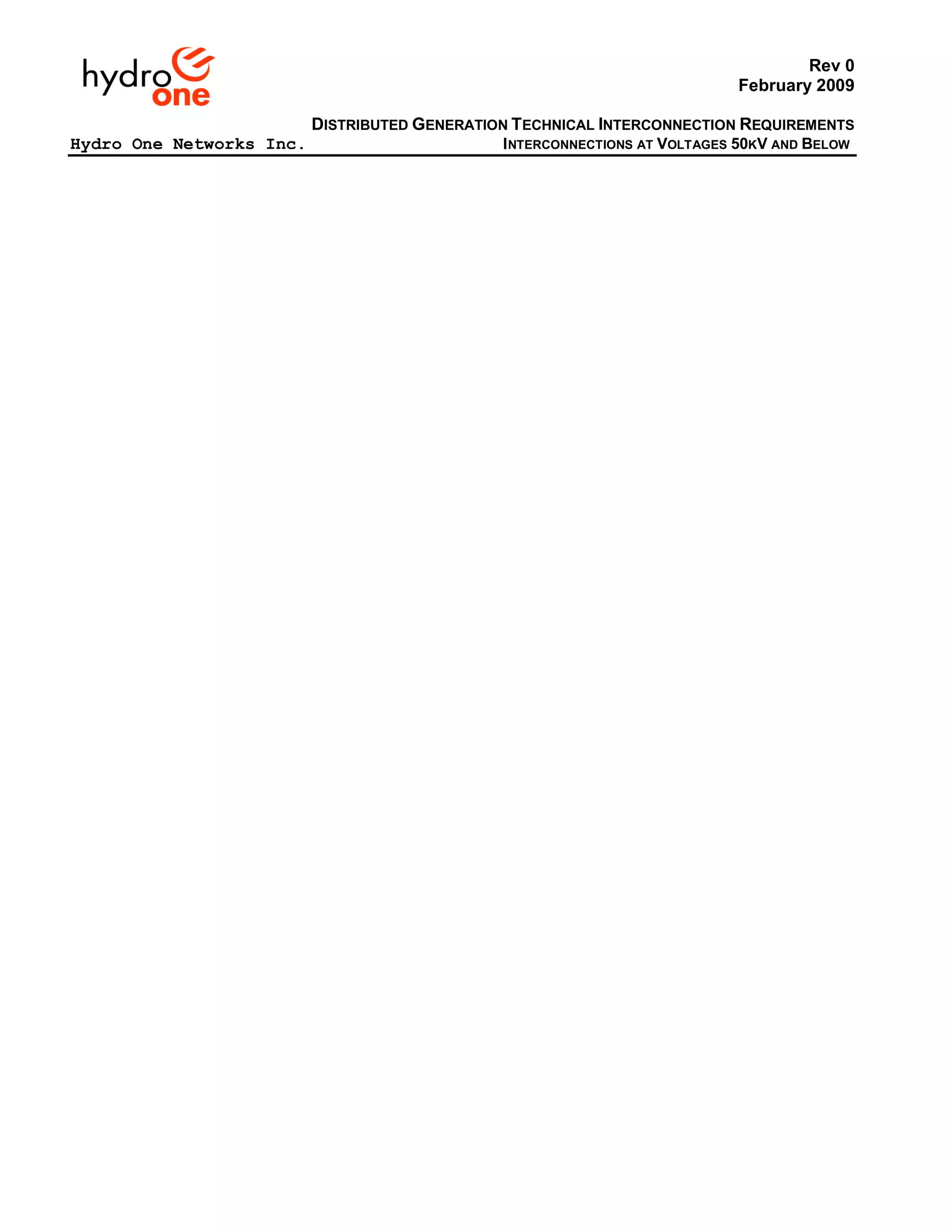 Hydro One Dg Technical Interconnection Requirements Distribution ...