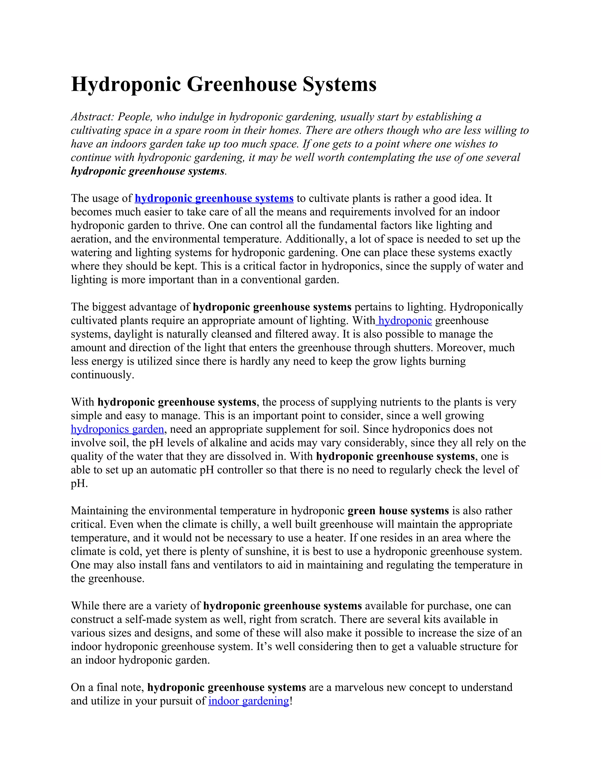 Hydroponic greenhouse systems | PDF