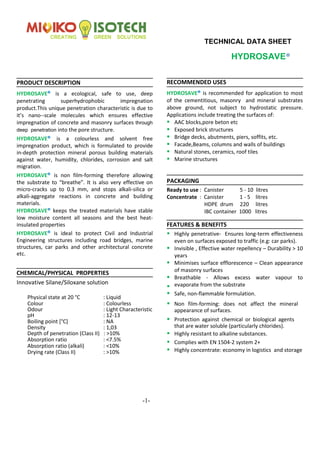 Hydrosave TDS :Hydrophobic impregnation for building materials | PDF