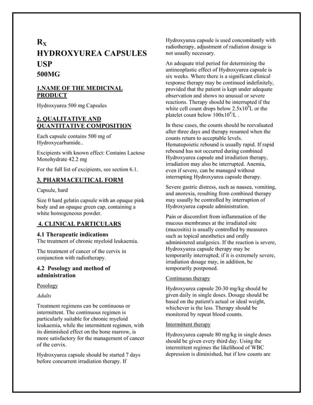 Hydroxyurea 500 mg capsules smpc taj pharmaceuticals | PDF | Blood ...