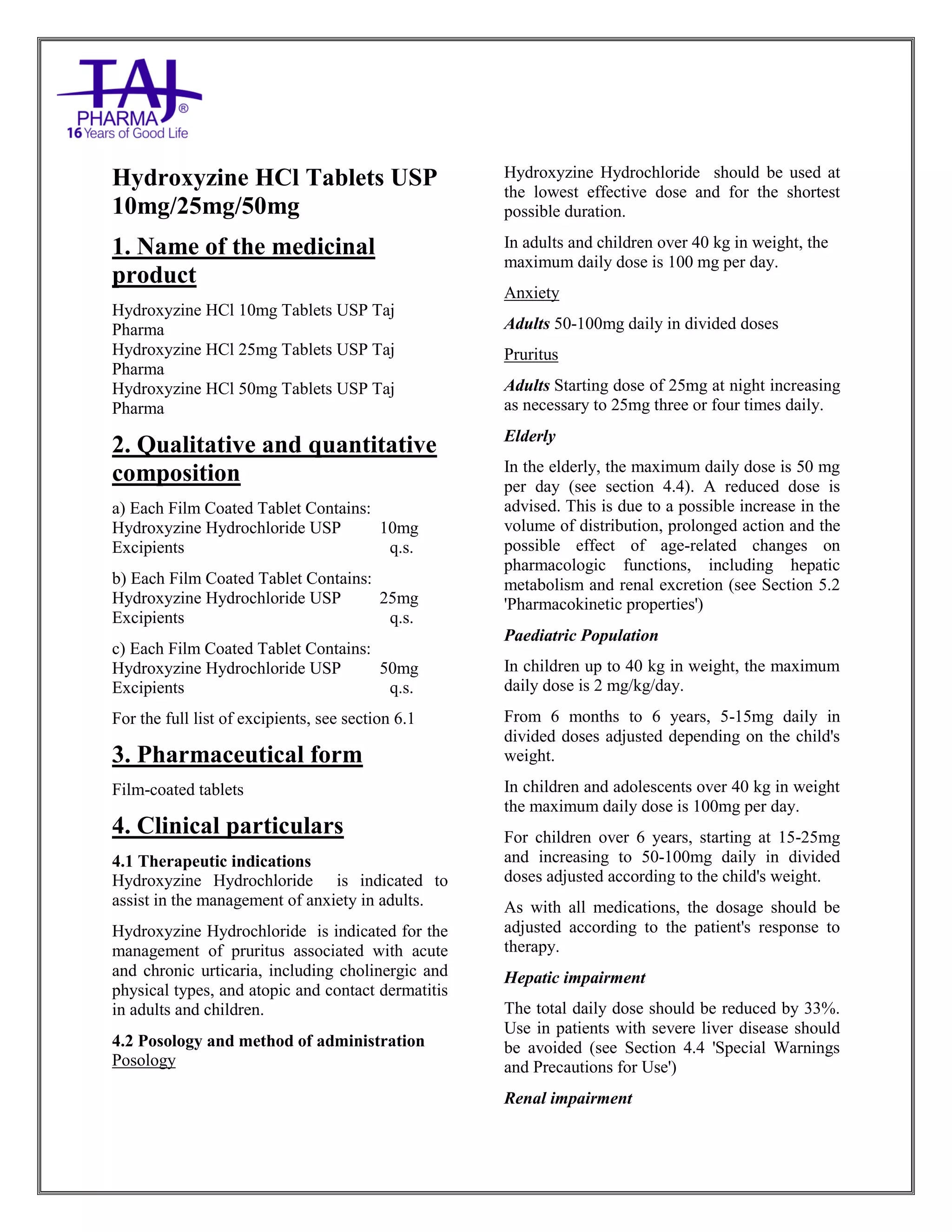 Hydroxyzine HCl Tablets USP Taj Pharma SmPC | PDF