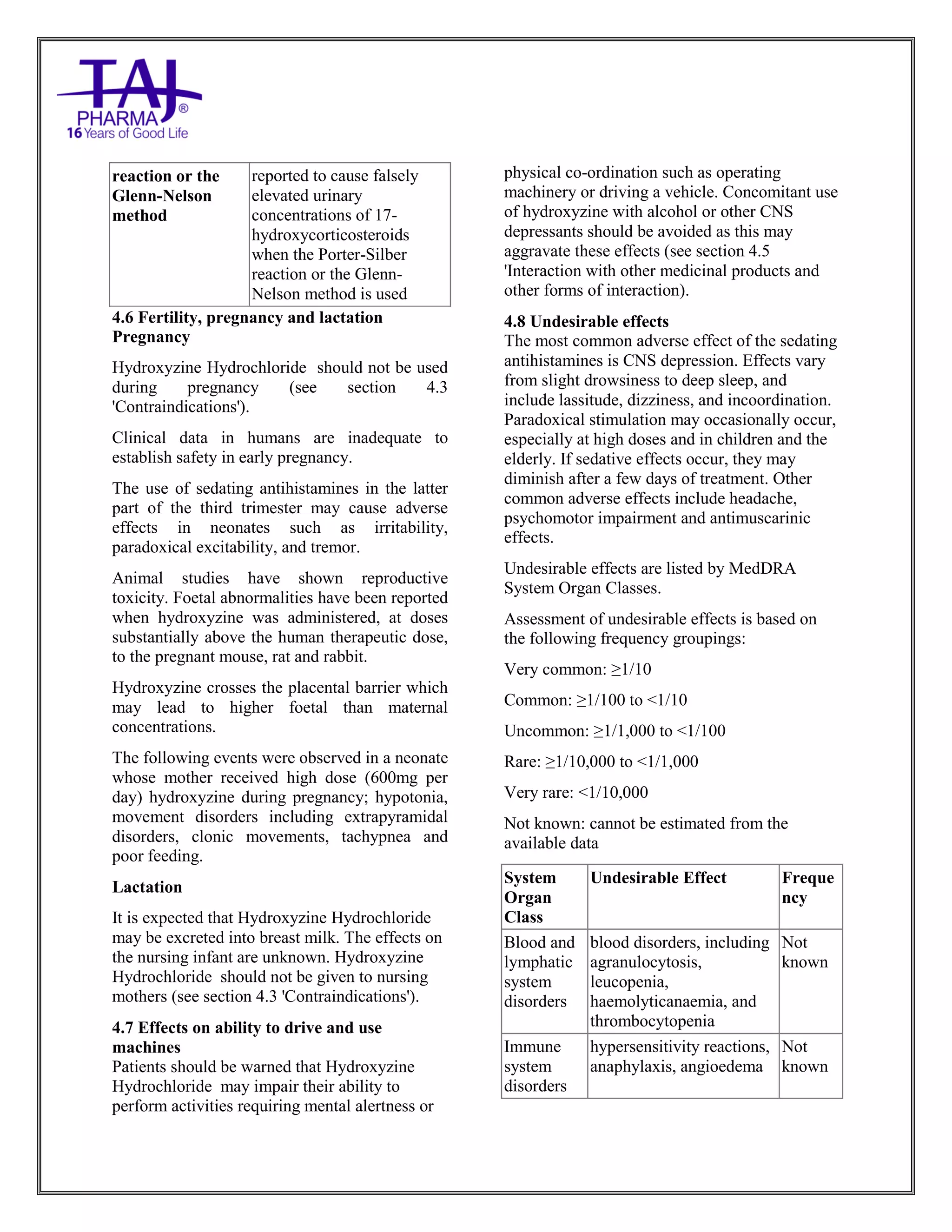Hydroxyzine HCl Tablets USP Taj Pharma SmPC | PDF