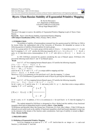 Hyers ulam rassias stability of exponential primitive mapping | PDF