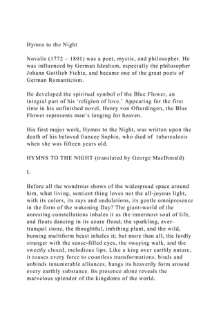 Hymns To The Nightnovalis (1772 – 1801) Was A Poet, Mystic, An.docx
