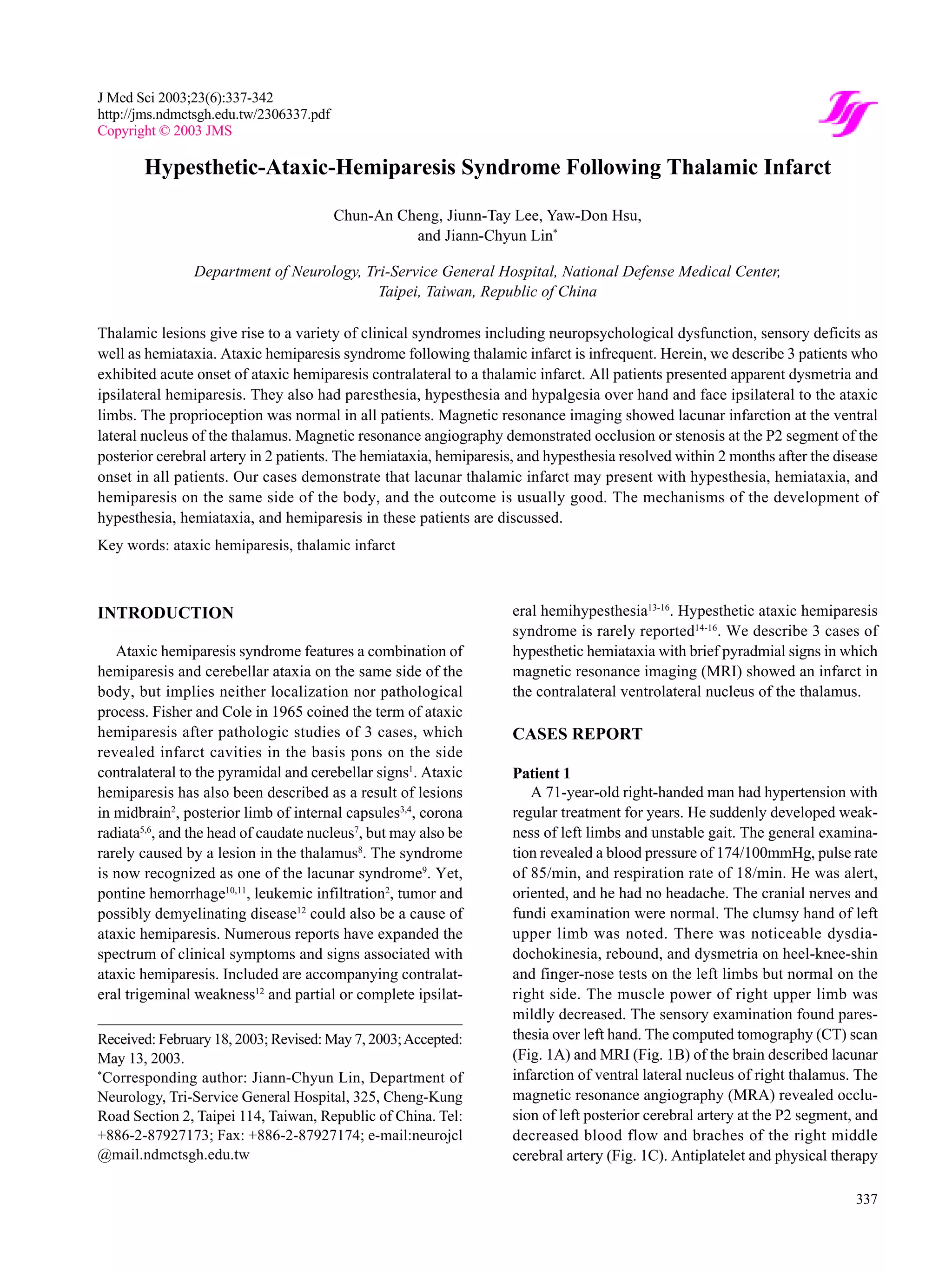 Hyperasthetic ataxic syn aftr thal infarct | PDF