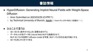 【DL輪読会】HyperDiffusion: Generating Implicit Neural Fields withWeight-Space Diffusion | PPT