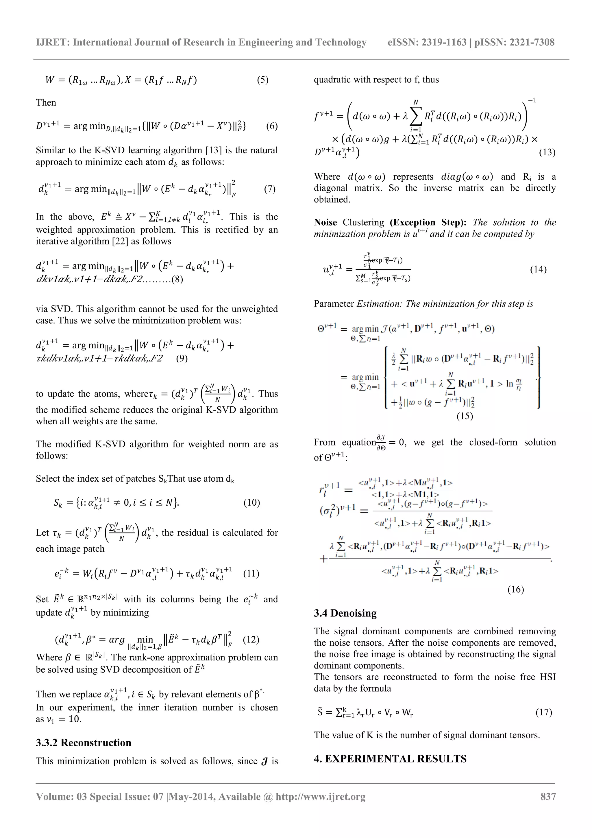 Hyperspectral image mixed noise reduction based on improved k svd algorithm | PDF | 3-D Graphics ...