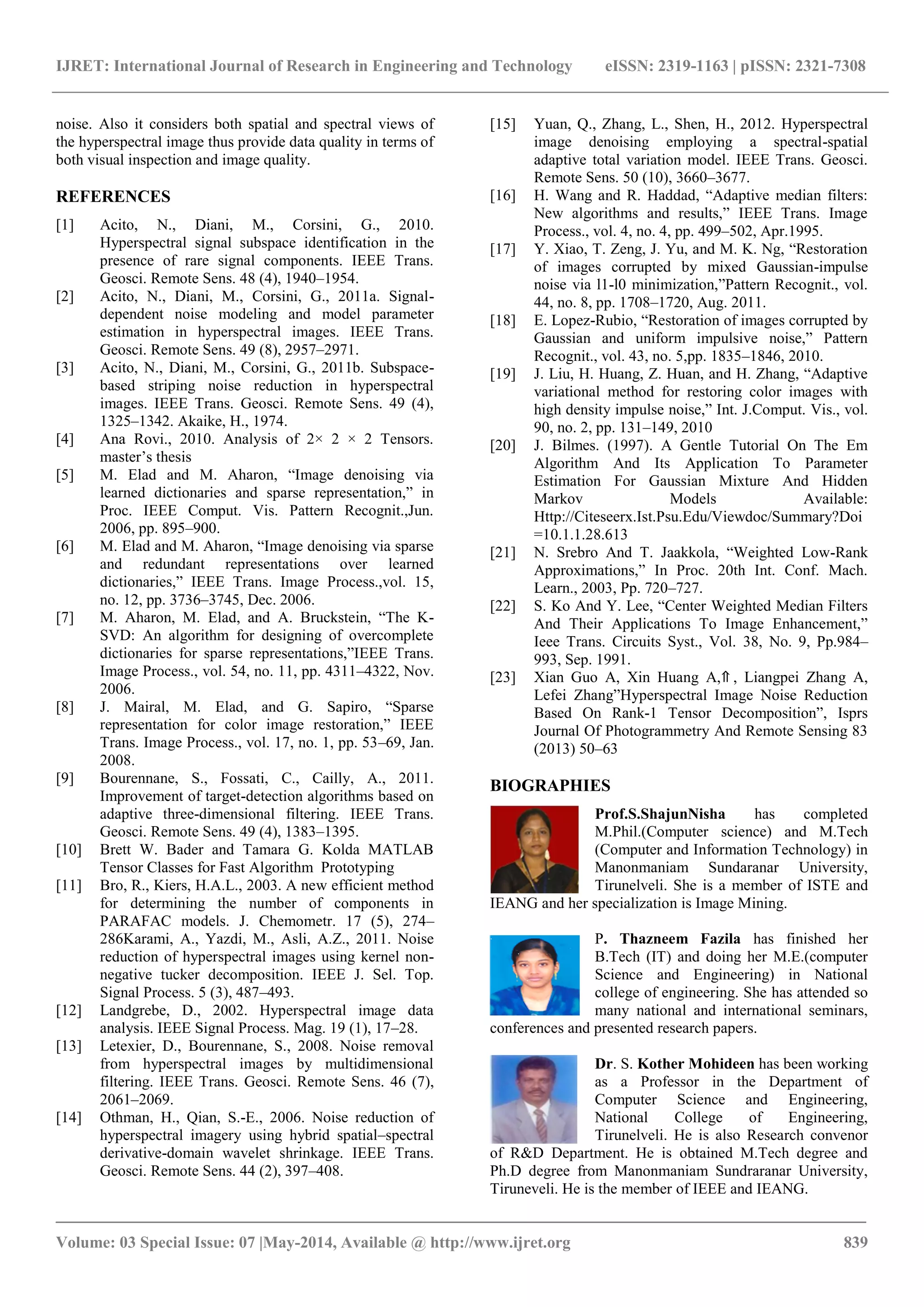 Hyperspectral image mixed noise reduction based on improved k svd algorithm | PDF