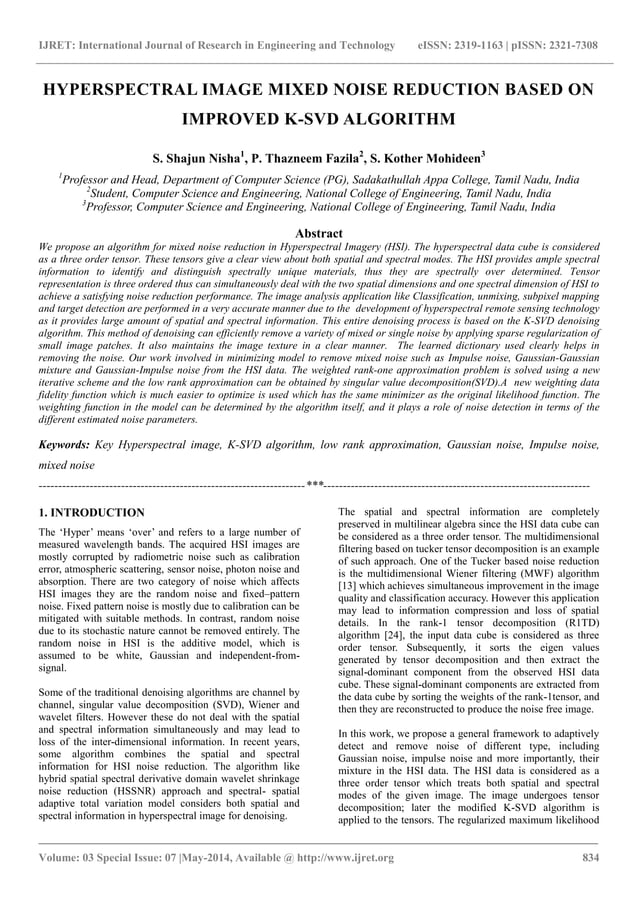 Hyperspectral image mixed noise reduction based on improved k svd algorithm | PDF | 3-D Graphics ...