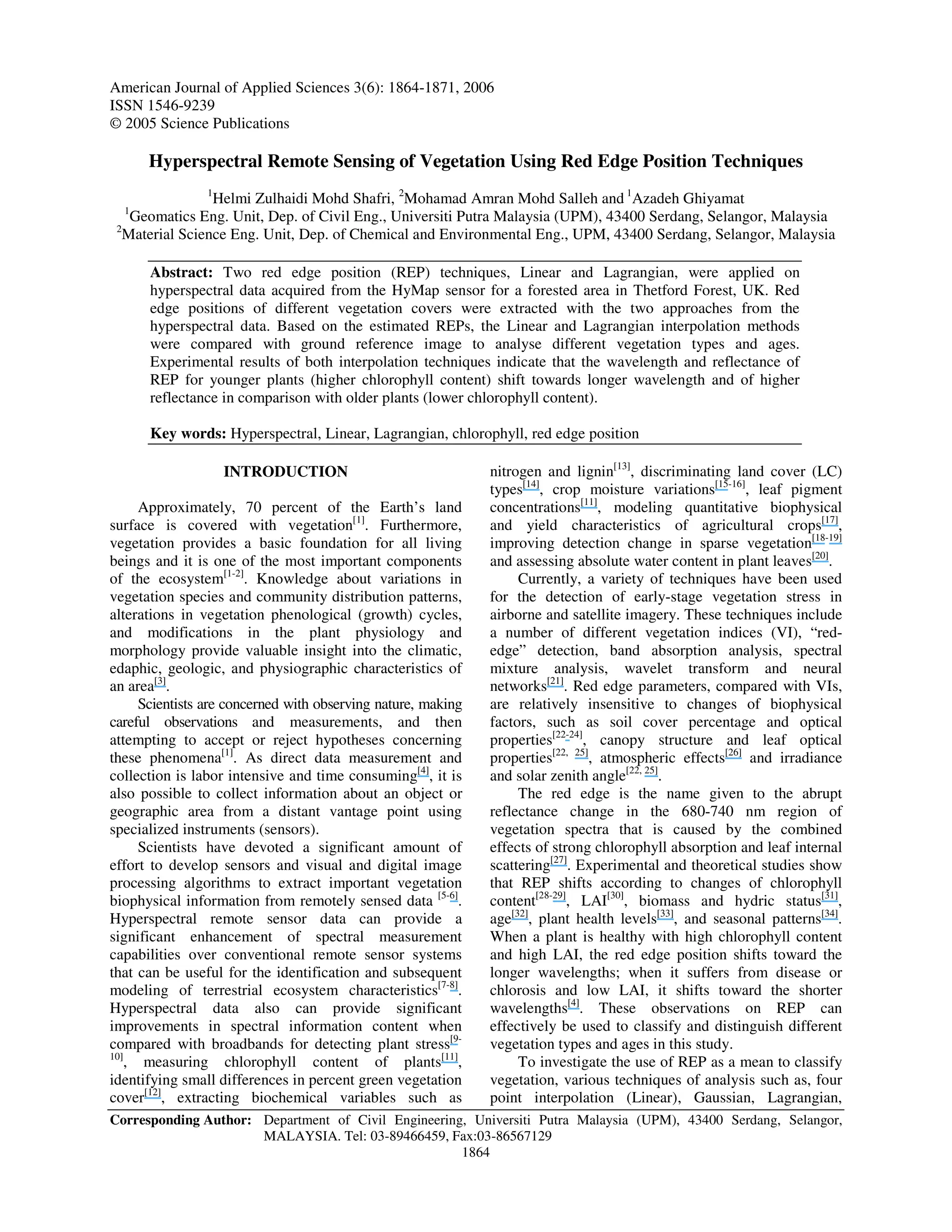 Hyperspectral Remote Sensing Of Vegetation Using Red Edge Position Techniques Pdf 