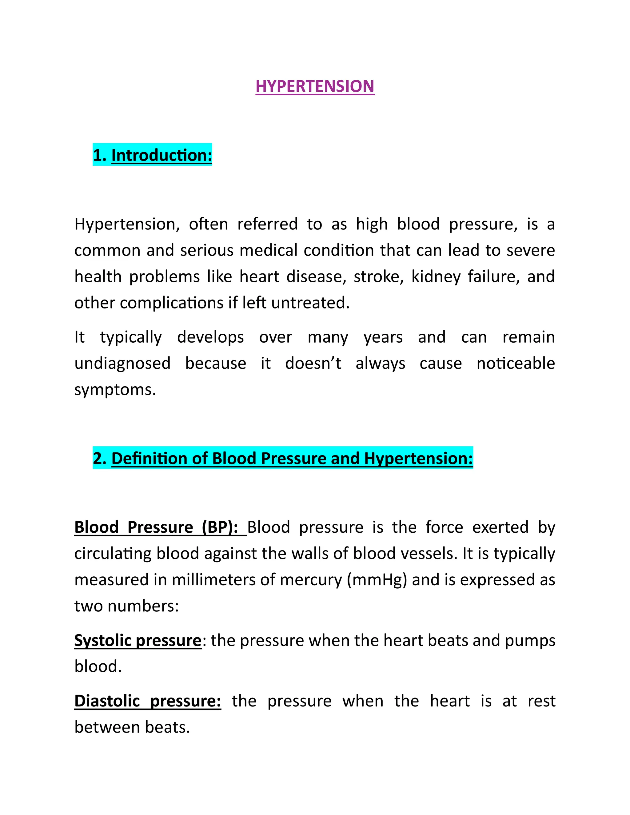 INTRODUCTION OF HYPERTENSION. DEFINATION OF HYPERTENSION | PDF