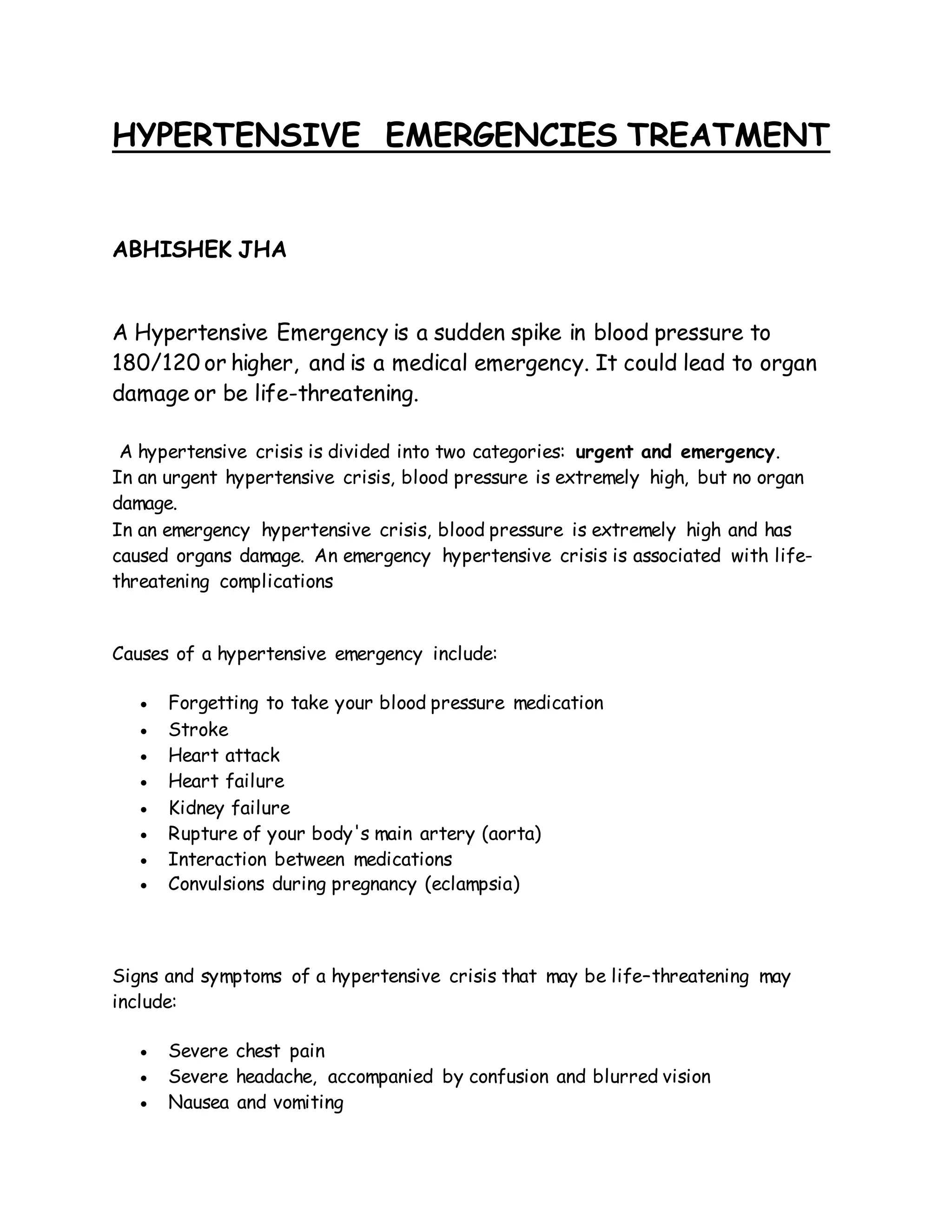 Hypertensive emergencies treatment | DOCX