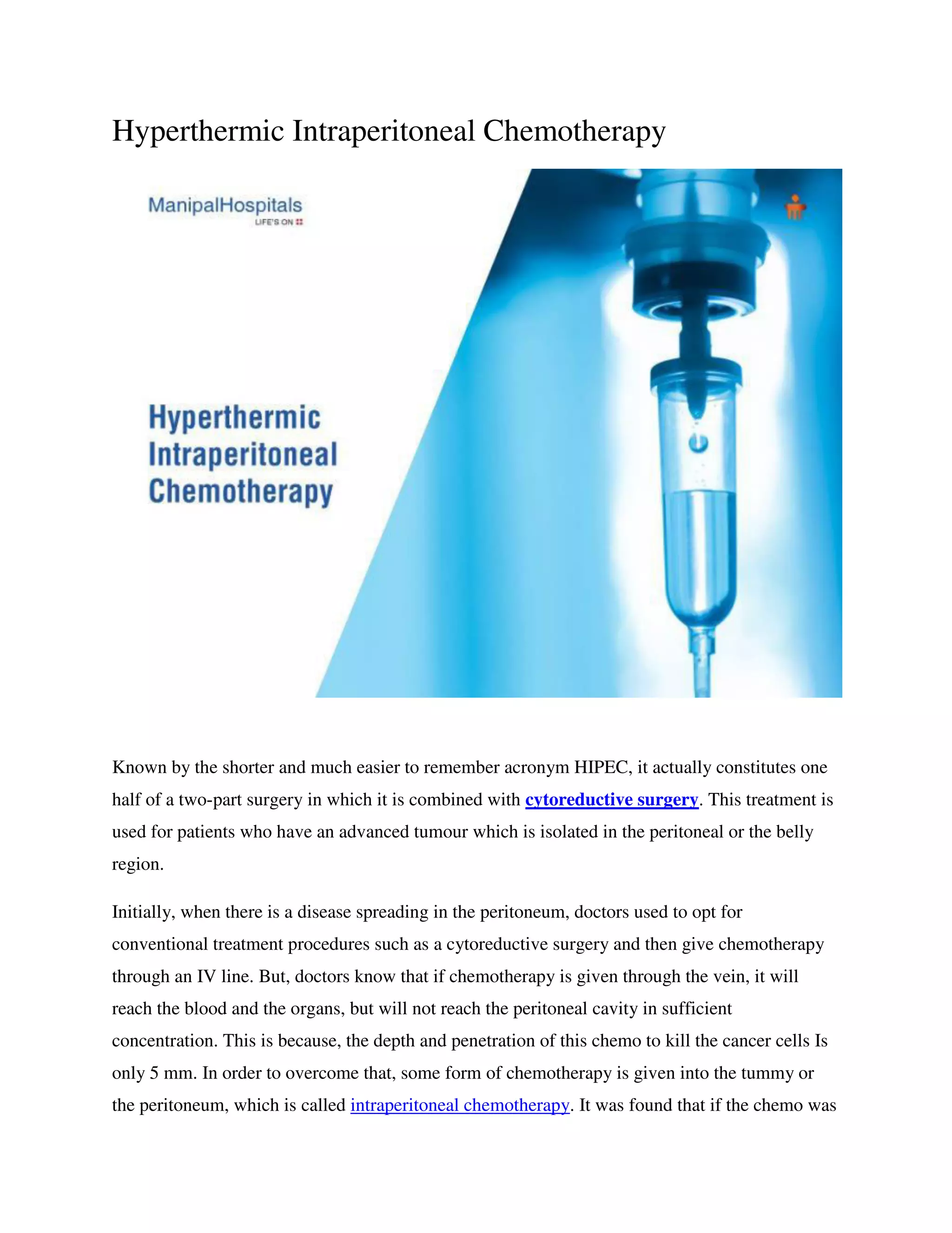 Hyperthermic intraperitoneal chemotherapy | PDF