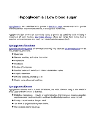 Hypoglycemia Or Low Blood Sugar | PDF
