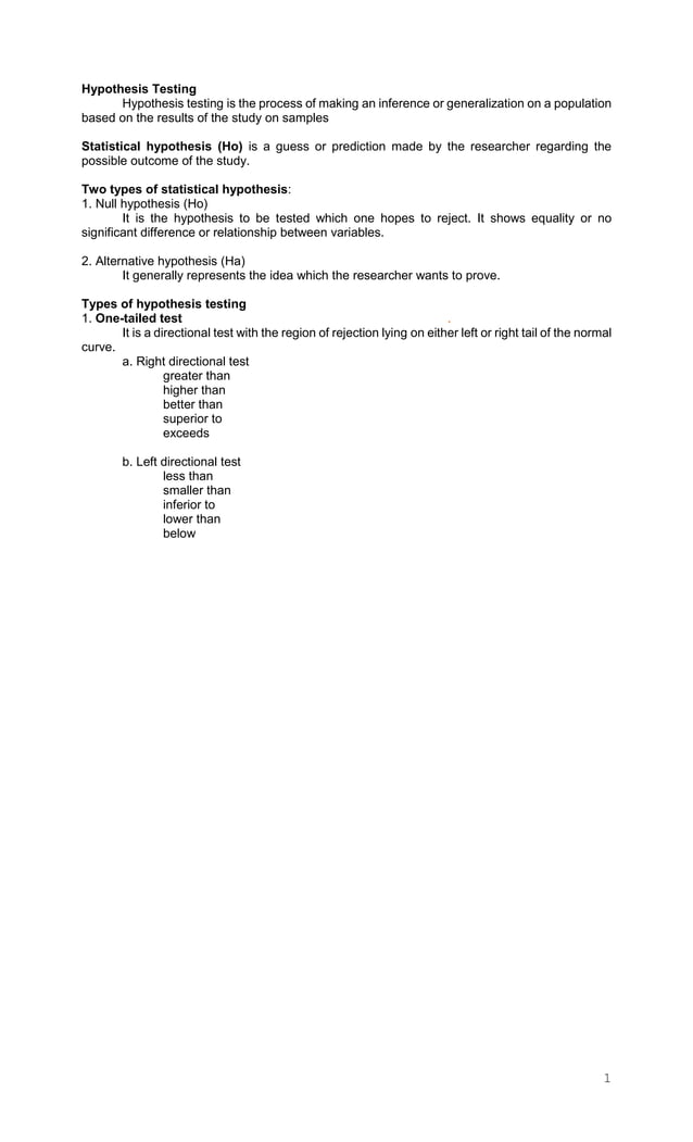 Hypothesis Testing To Statistical Tests1 1 1 Docx