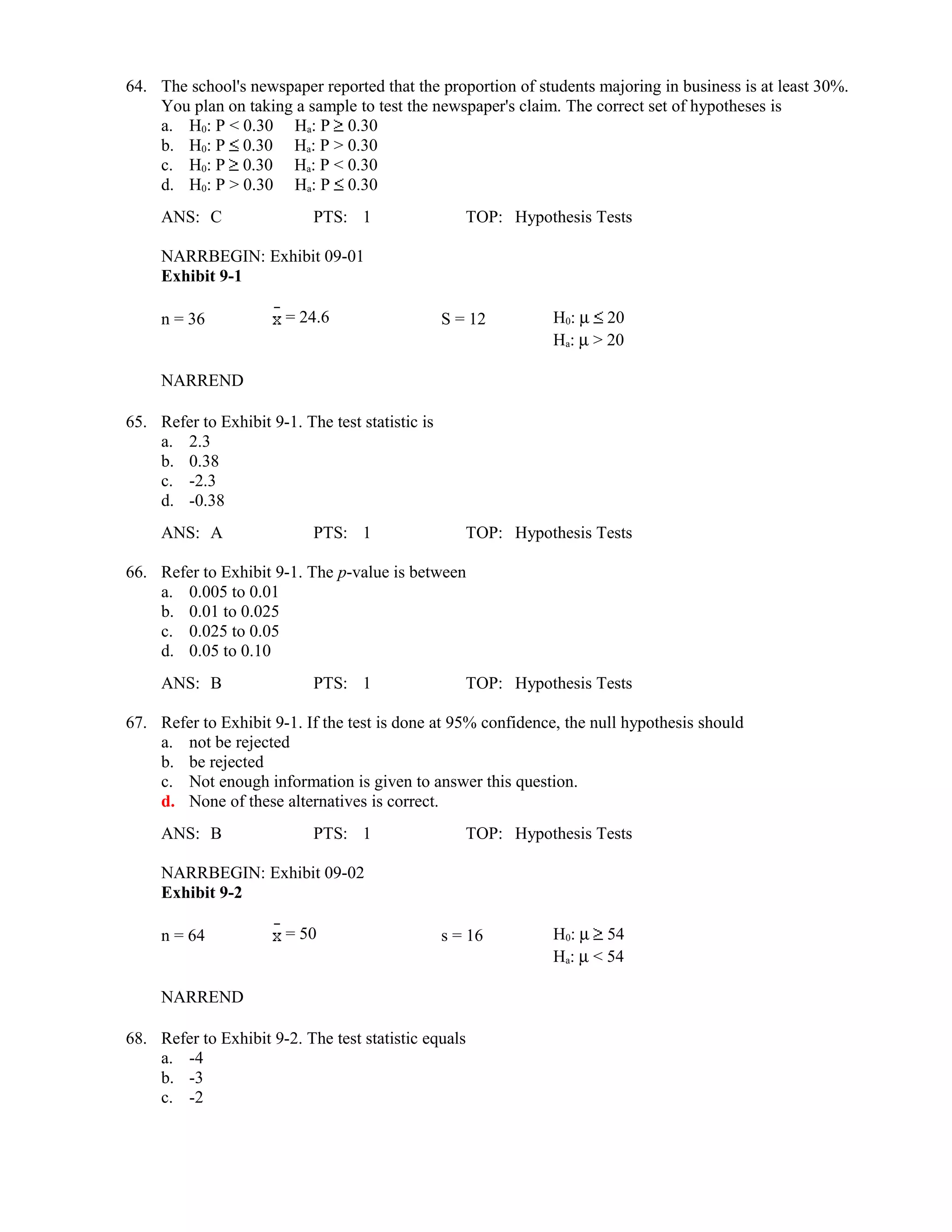 Hypothesis Test Bank with Solutions | DOC