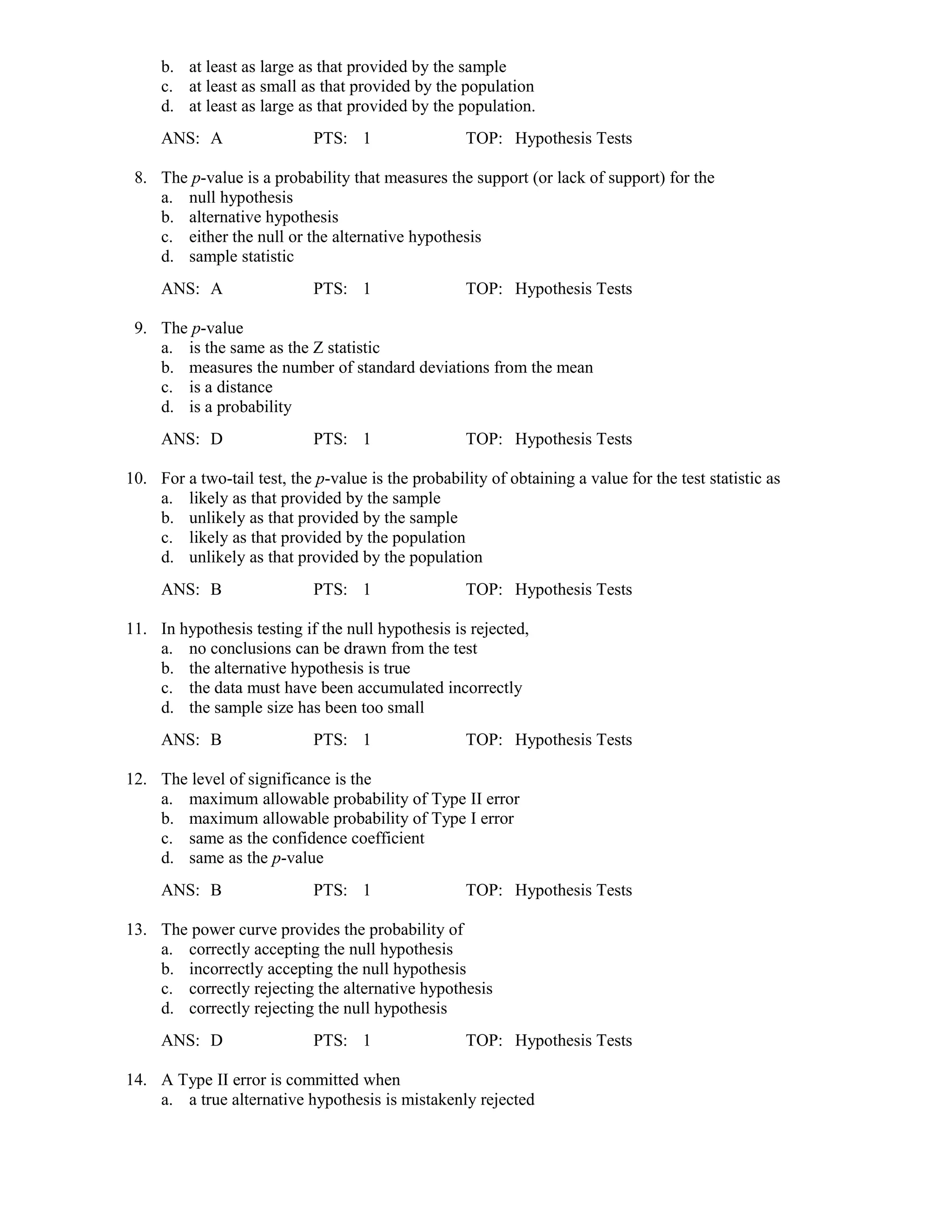 Hypothesis Test Bank with Solutions | DOC