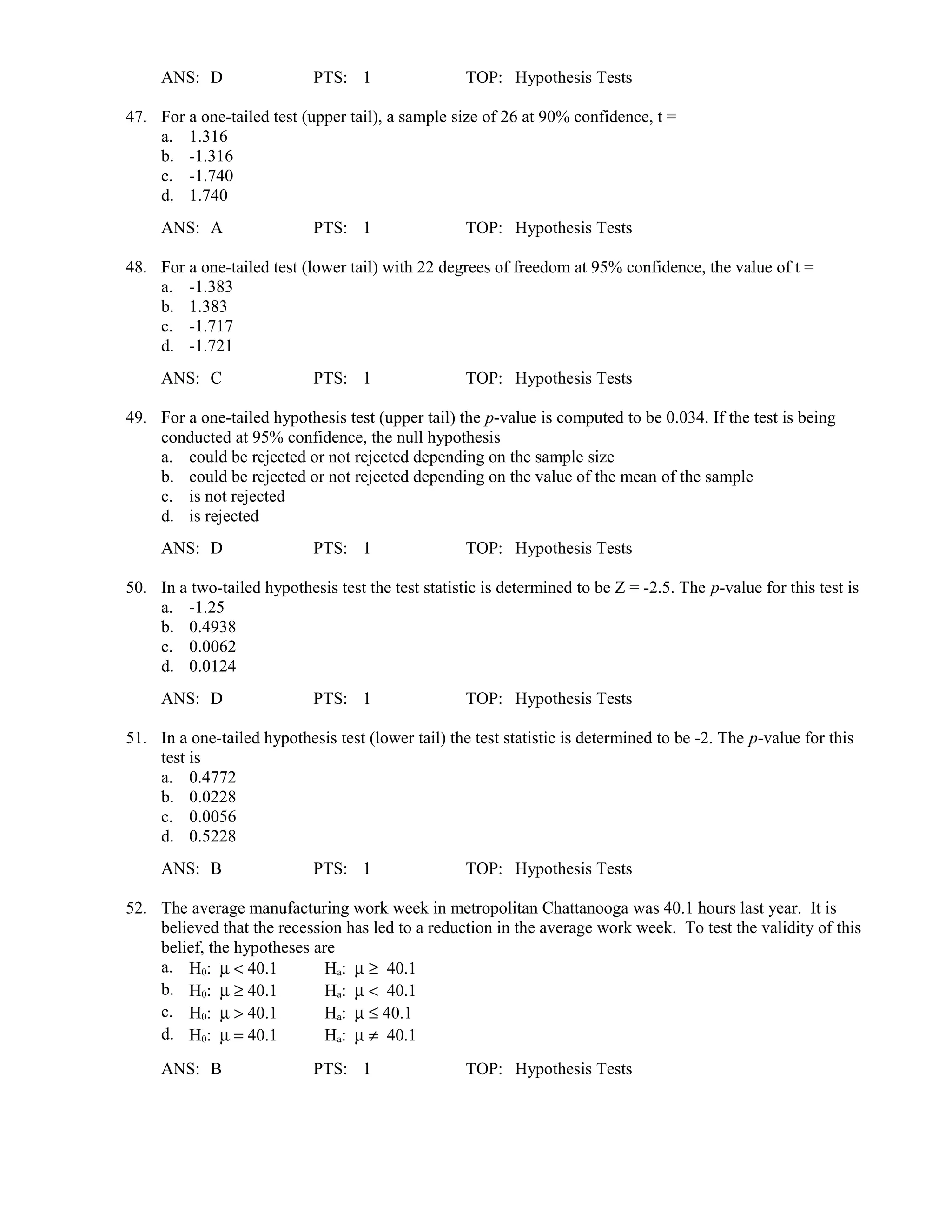 Hypothesis Test Bank with Solutions | DOC