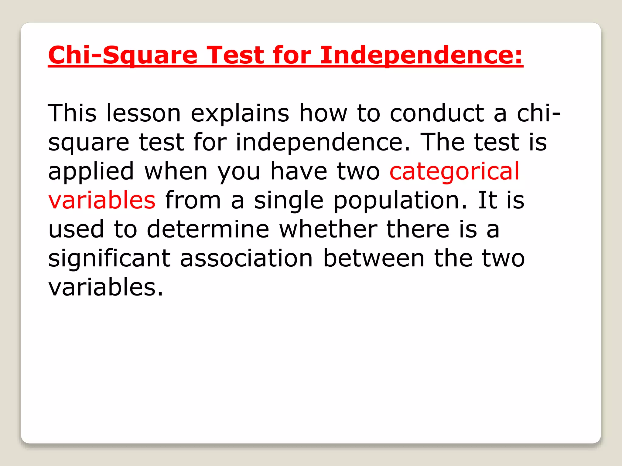 Hypothesis testing chi square test for independence | PPTX