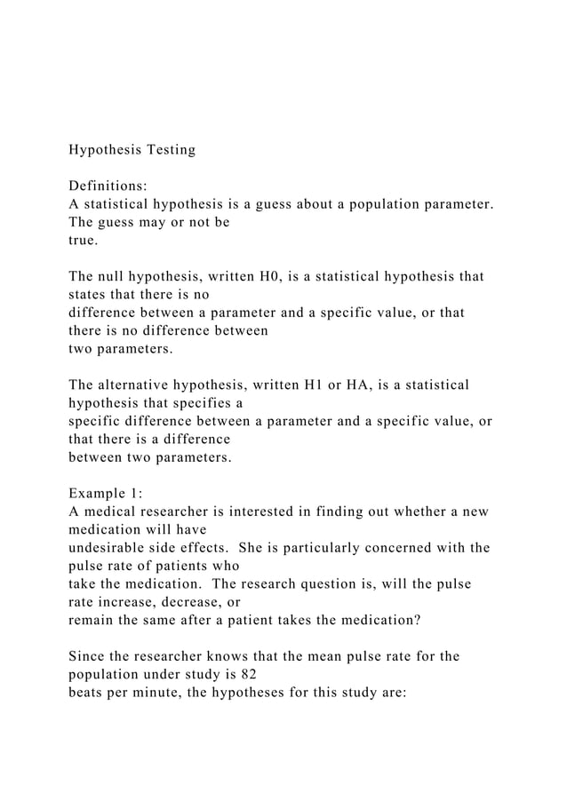 Hypothesis Testing Definitions A statistical hypothesi.docx | Heart and ...