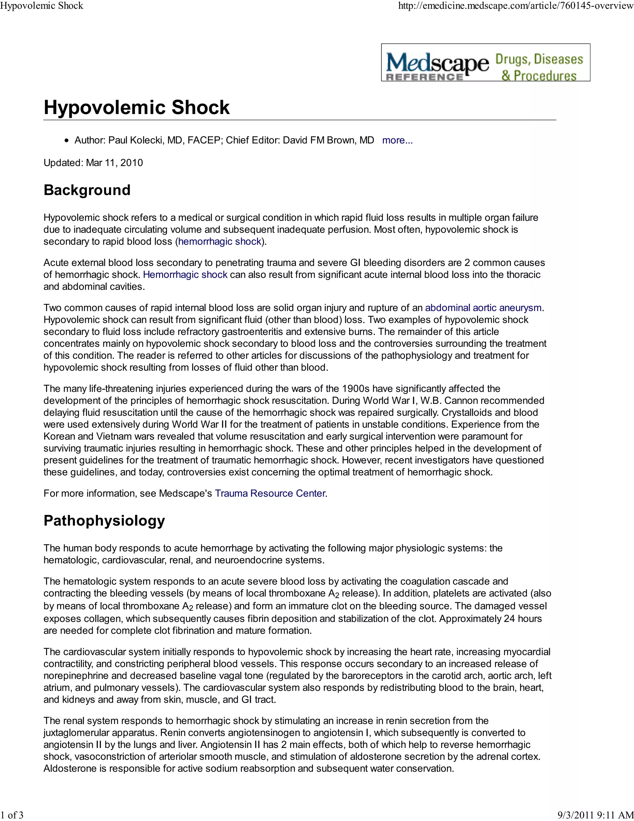 Hypovolemic shock | PDF