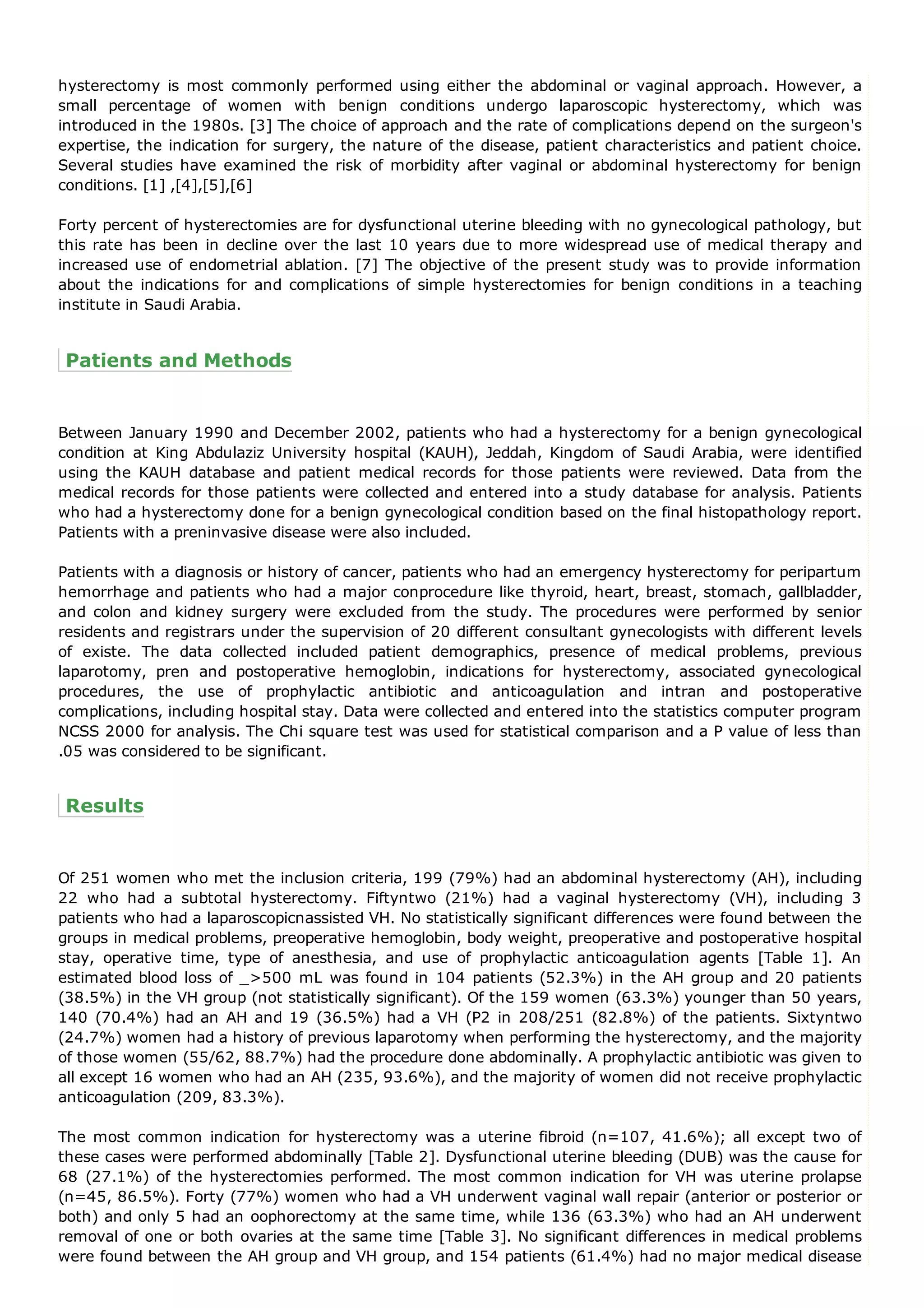 Hysterectomy for benign conditions in a university hospital in | PDF