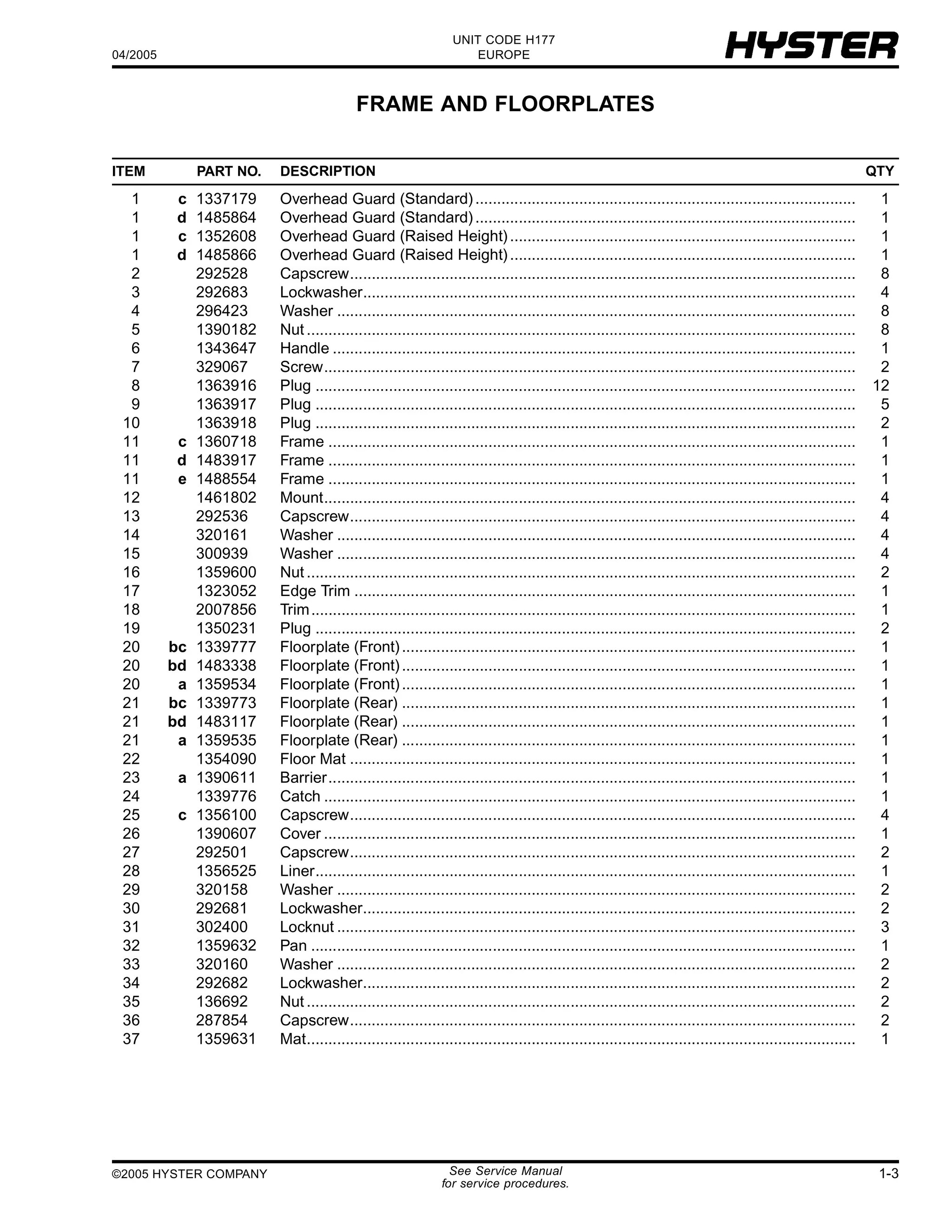 Hyster h177 (h3.00 xm) forklift parts catalogue manual | PDF