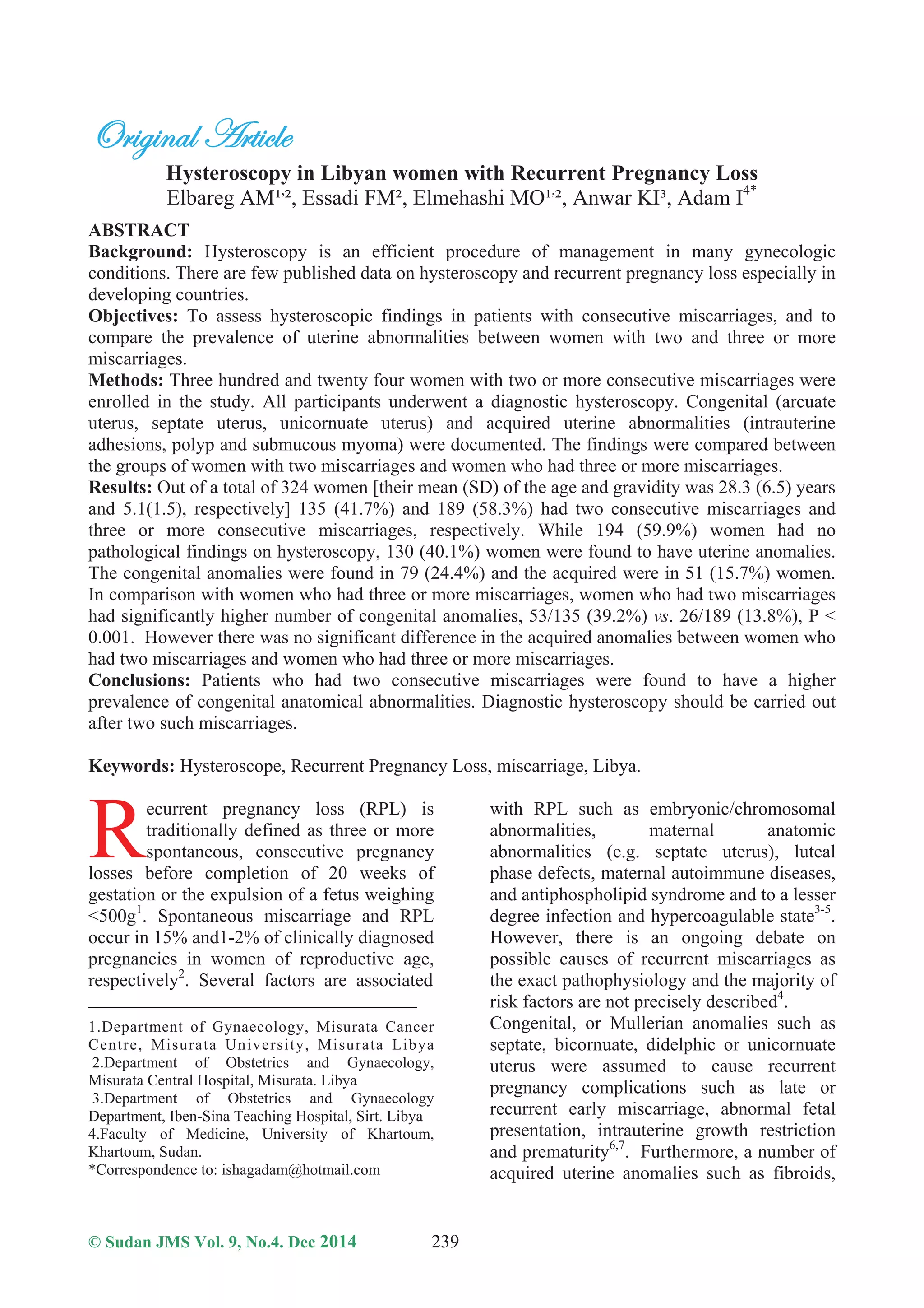 Hysteroscopy in libyan women with recurrent pregnancy loss | PDF