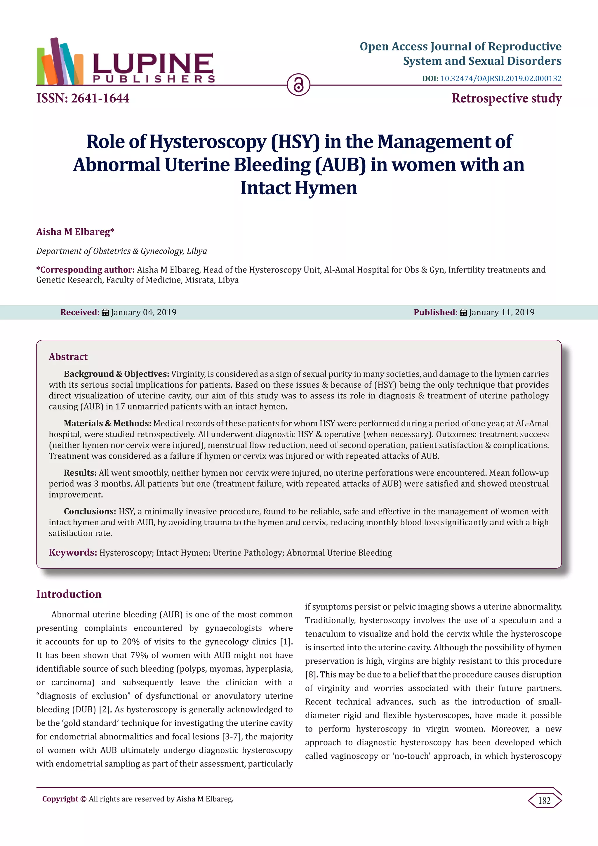 Hysteroscopy in management of AUB in women with intact hymen by ...