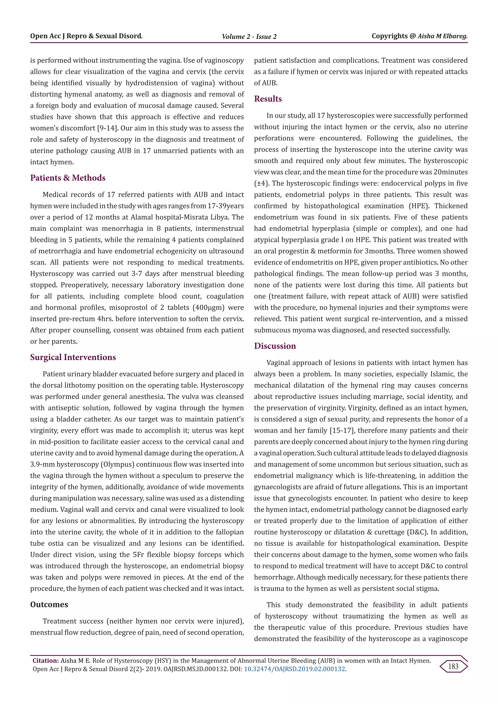Hysteroscopy in management of AUB in women with intact hymen by ...