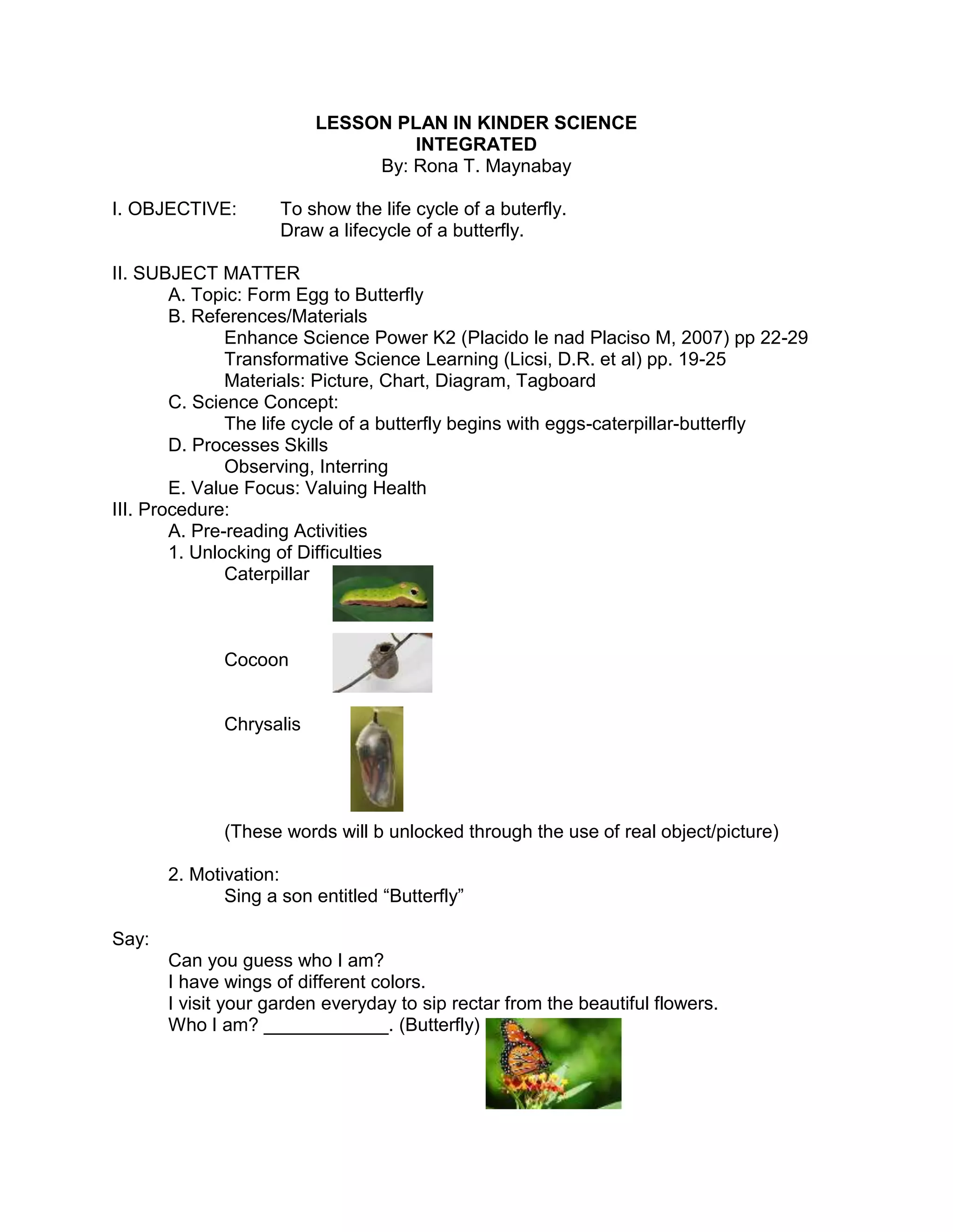 LESSON PLAN IN KINDER SCIENCE INTEGRATED | DOCX