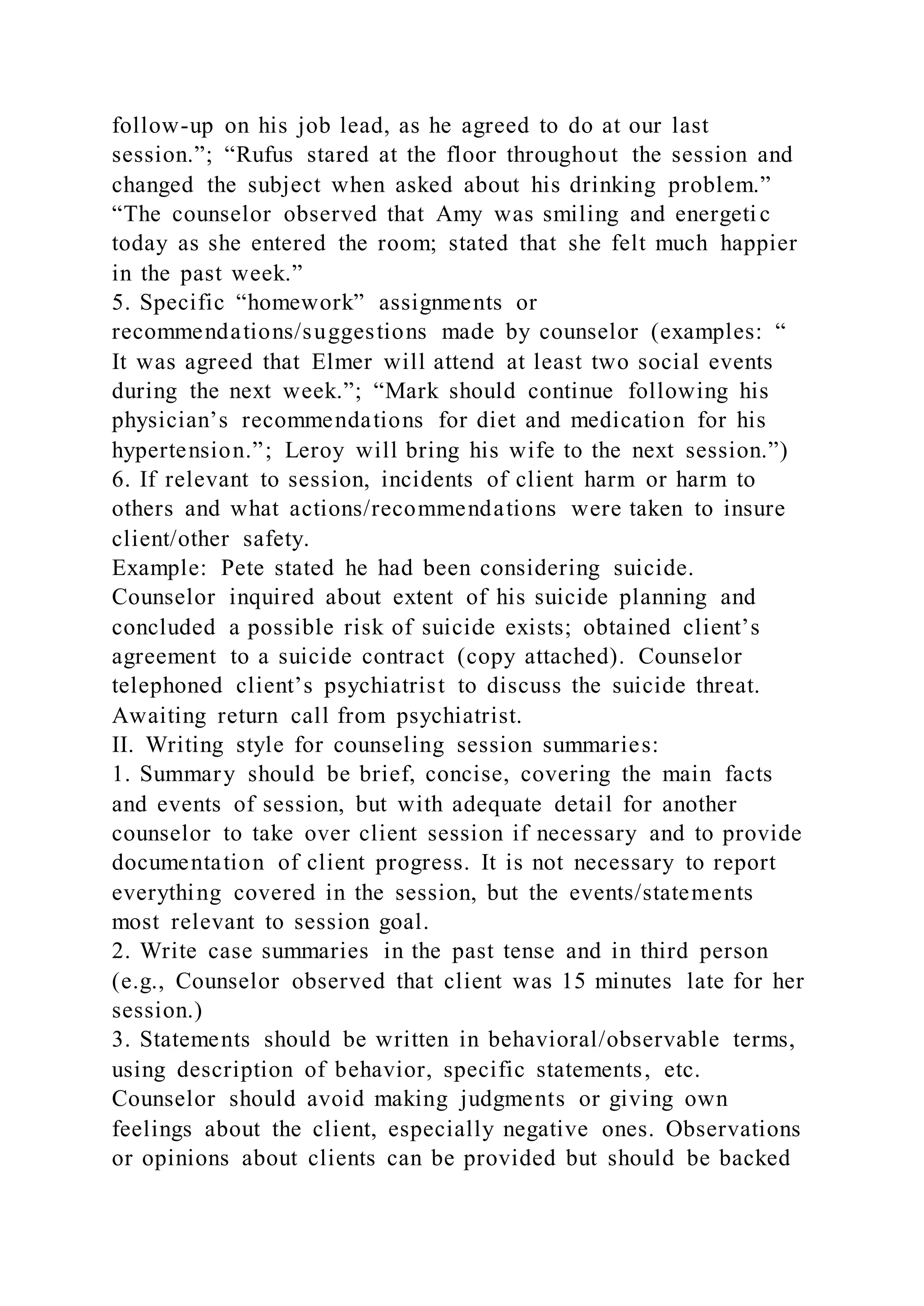 I. The purpose of writing a counseling session summary is to repor | DOCX