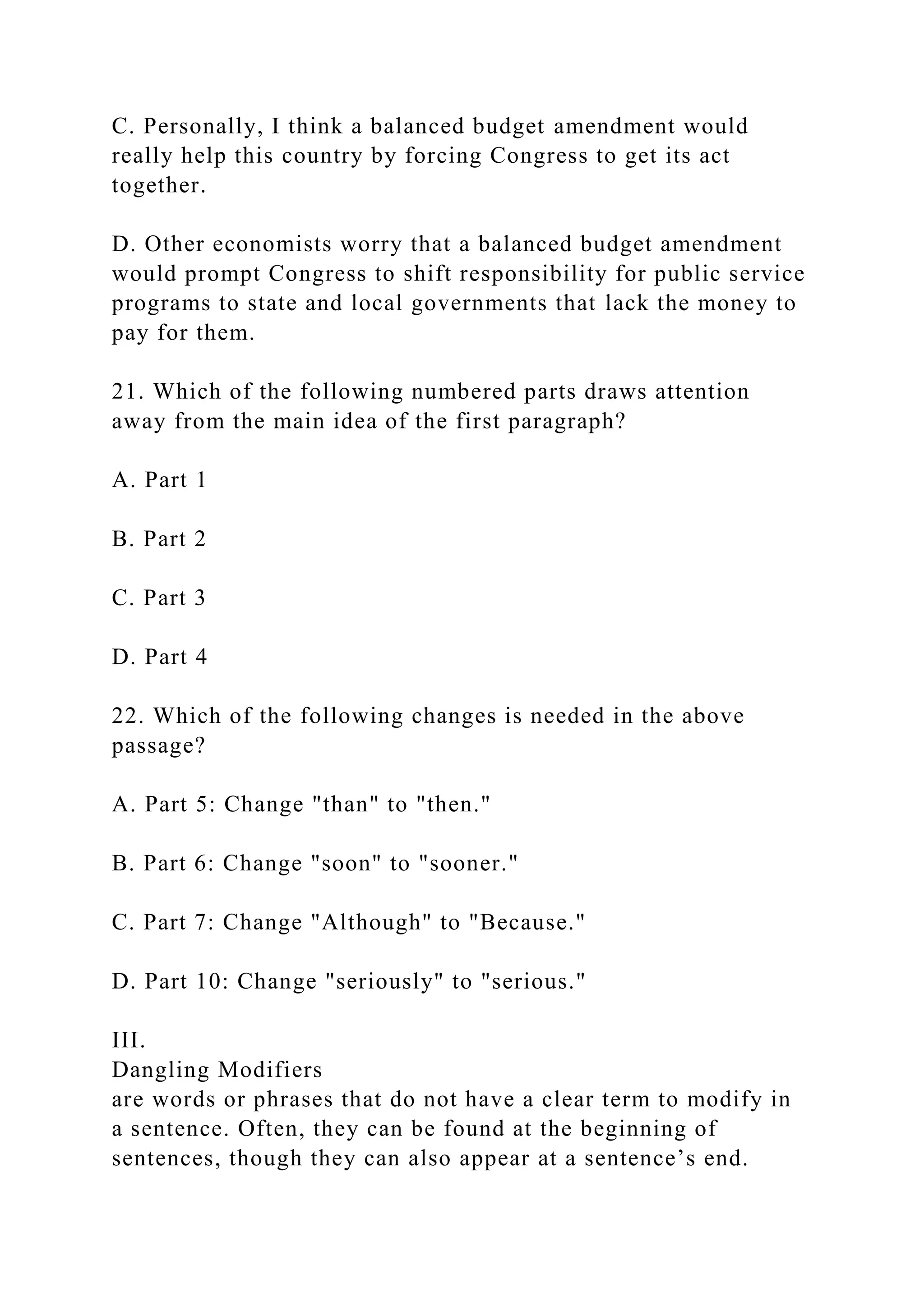 I. The following paragraph contains sentences that are irrelev | DOCX