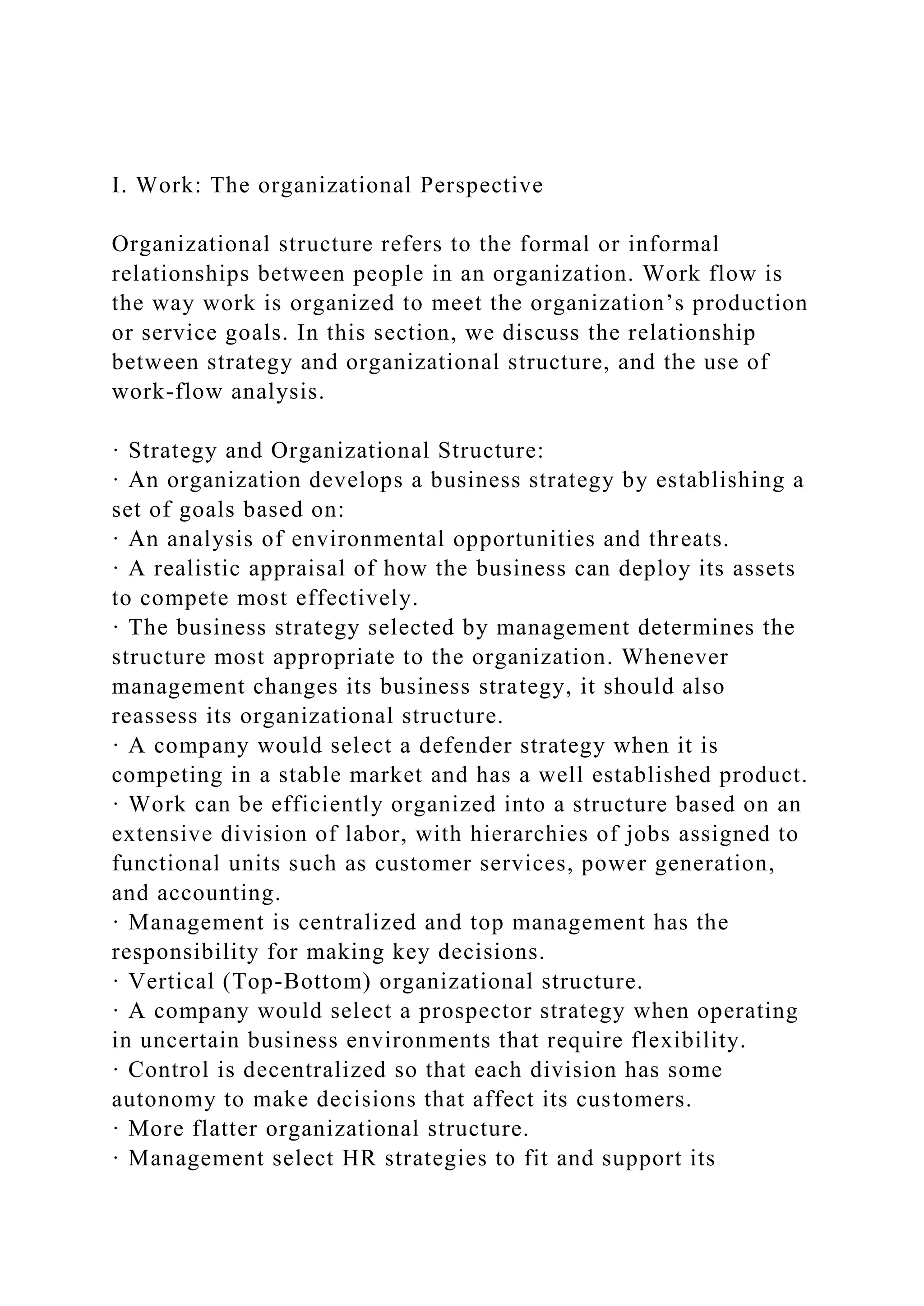 I. Work The organizational PerspectiveOrganizational structur.docx