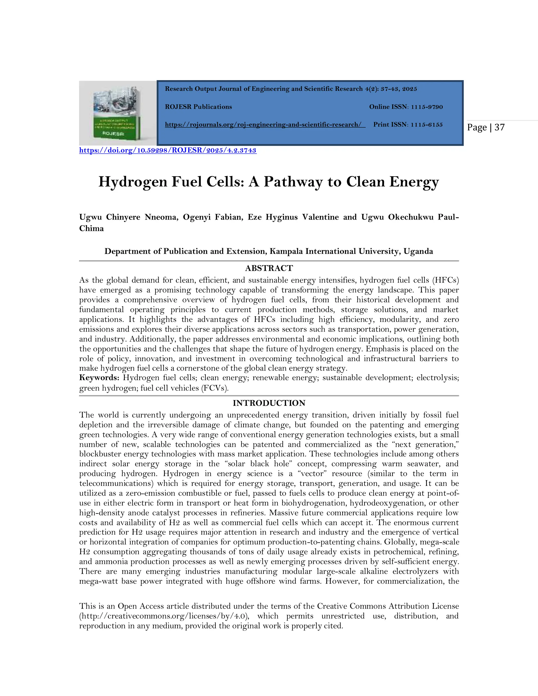 Hydrogen Fuel Cells: A Pathway to Clean Energy (www.kiu.ac.ug) | PDF