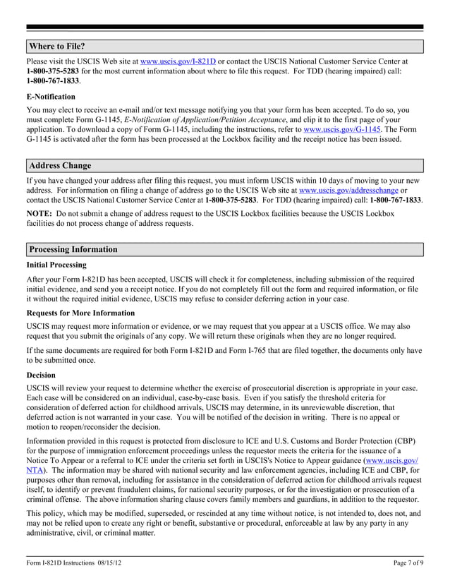 Instructions, Form I-821D, Consideration of Deferred Action for ...