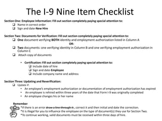 The I-9 Nine Item Checklist | PPTX | Resume Writing and Advice | Job Search