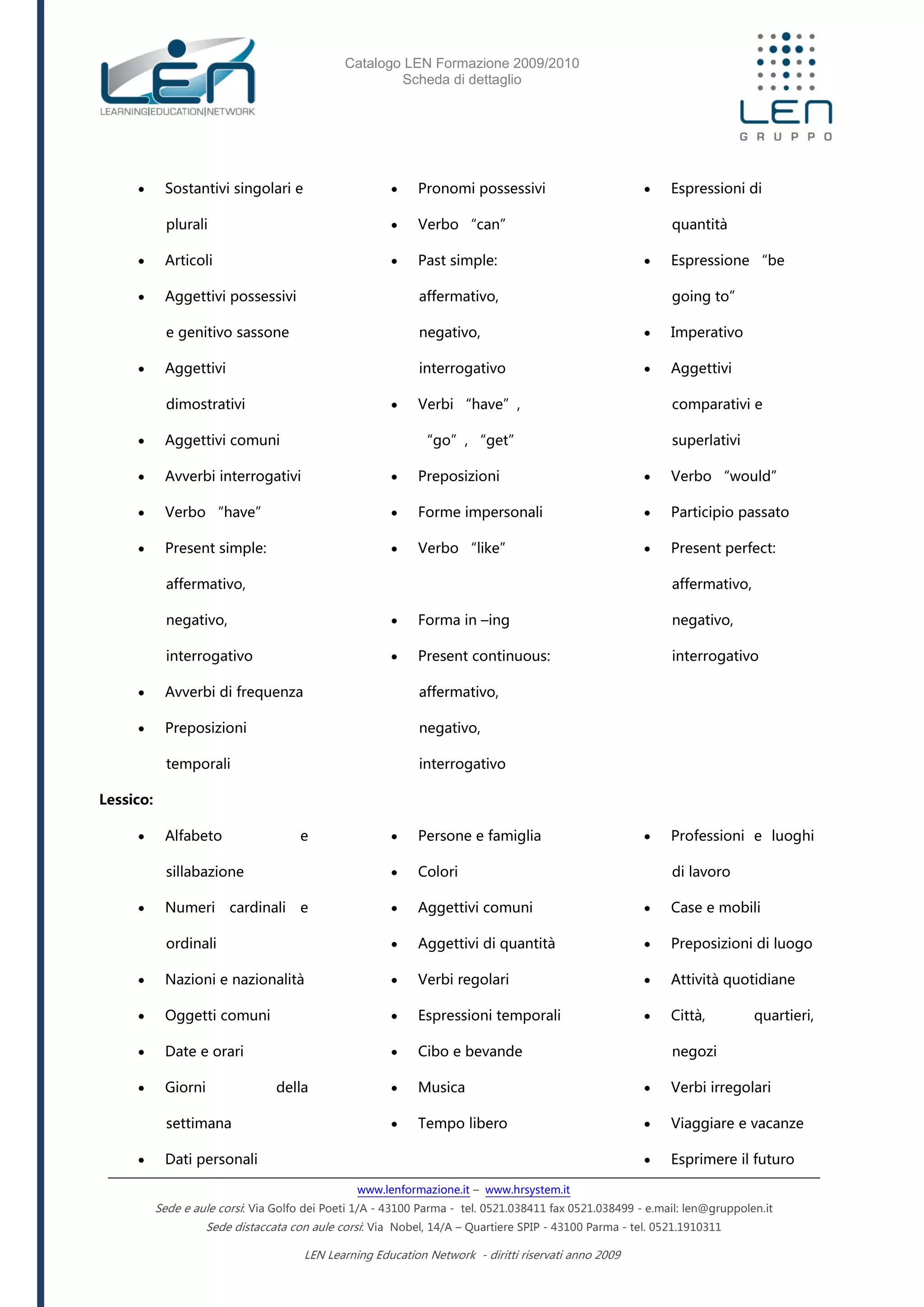 Inglese generale elementary - Scheda corso LEN | PDF